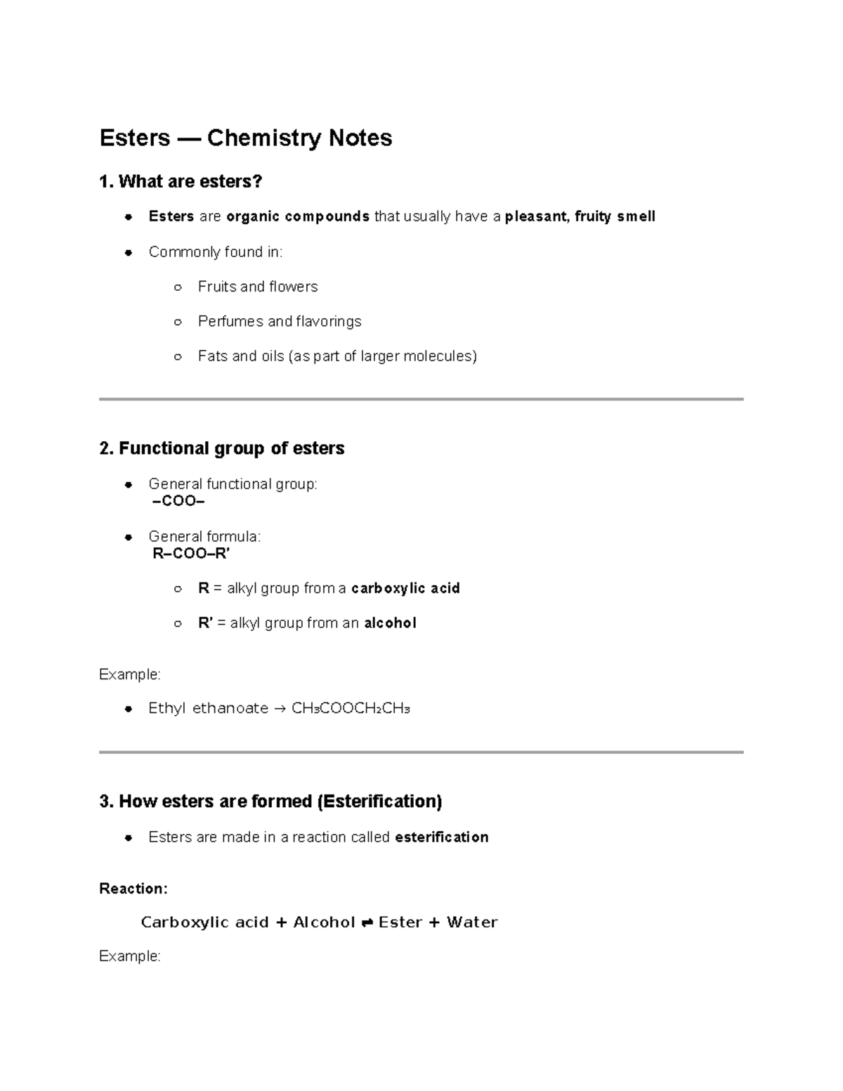 Esters Chemistry Notes: Structure, Formation, and Properties - Studocu
