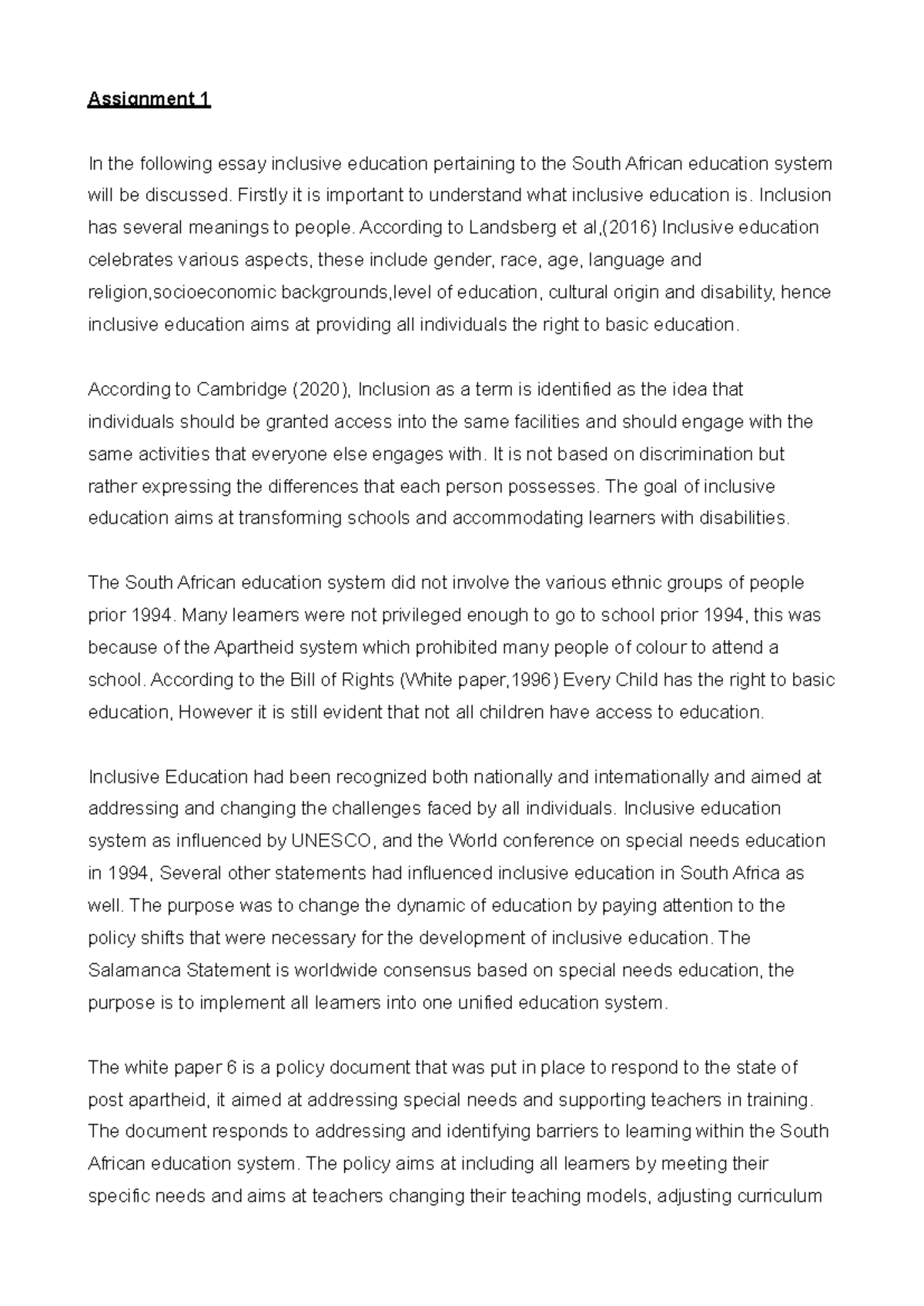 INED 7211 Inclusive Education in South Africa: A Comprehensive Overview ...