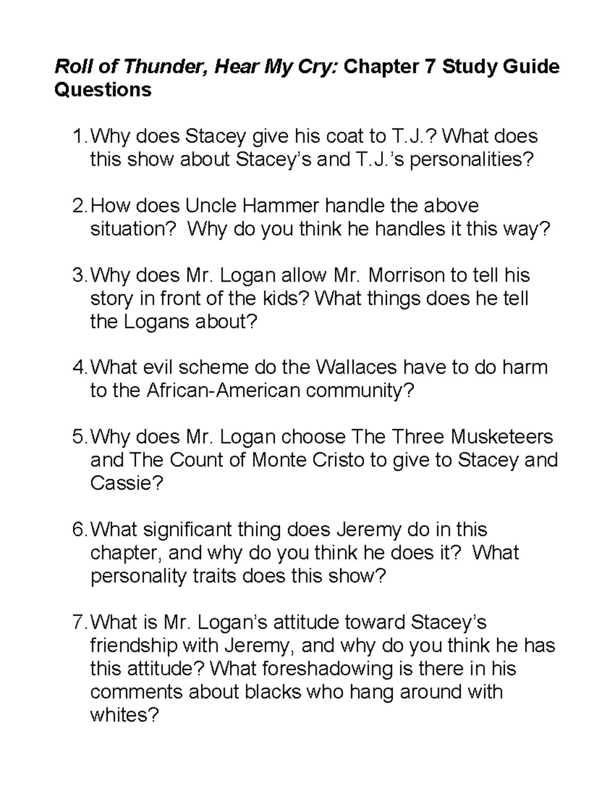 Chapter 7 Study Questions - Roll of Thunder, Hear My Cry - Studocu