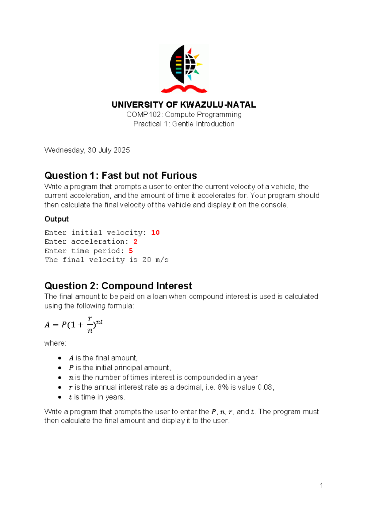 UNIVERSITY OF COMP102: Practical 1 - Gentle Introduction to Programming ...