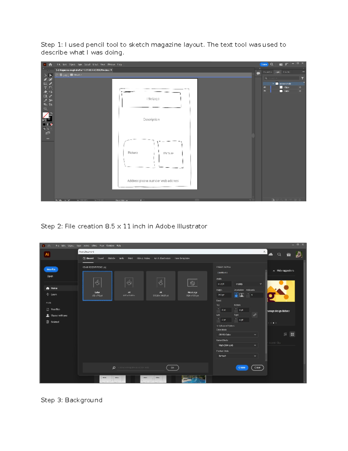 3-2 Magazine drawing rough draft - Step 1: I used pencil tool to sketch magazine layout. The ...