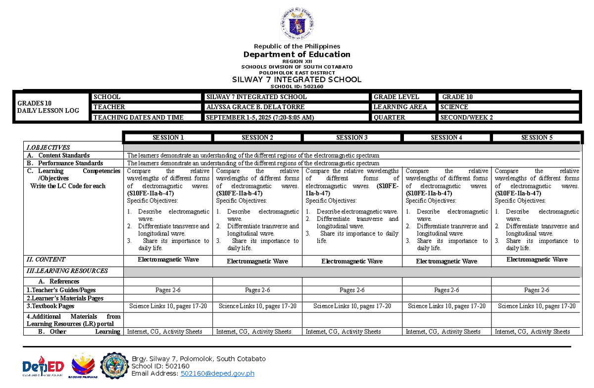 Grade 10 Science Daily Lesson Log (School ID: 502160) - Quarter 2 - Studocu