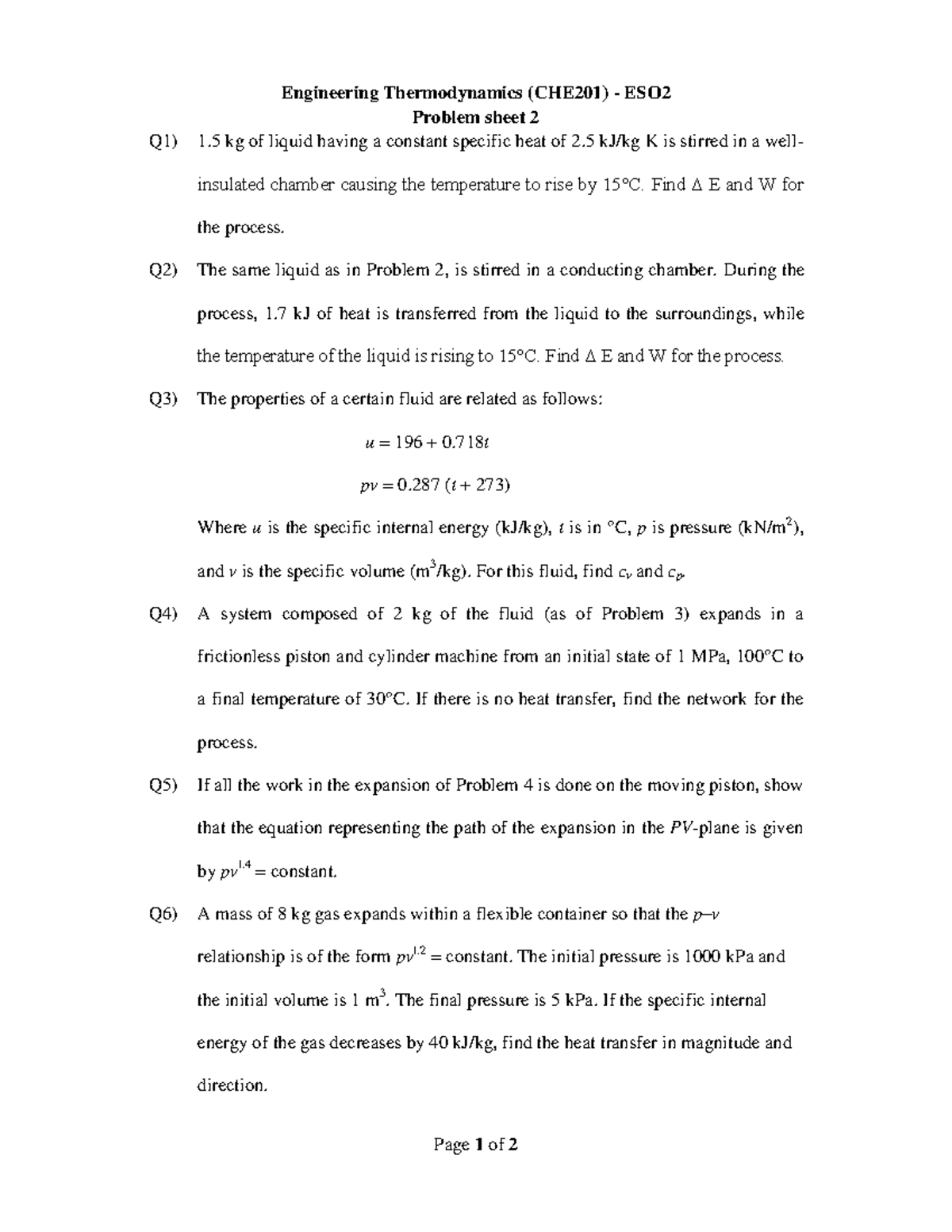 CHE201 - Engineering Thermodynamics Assignment 1b: Problem Sheet 2 ...