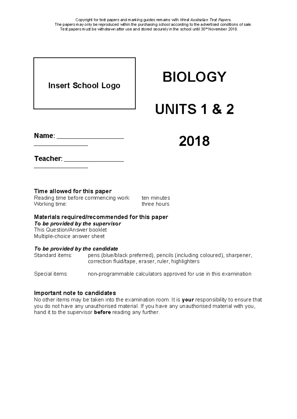 2018 Biology Units 1 & 2 Final Exam Paper - Studocu