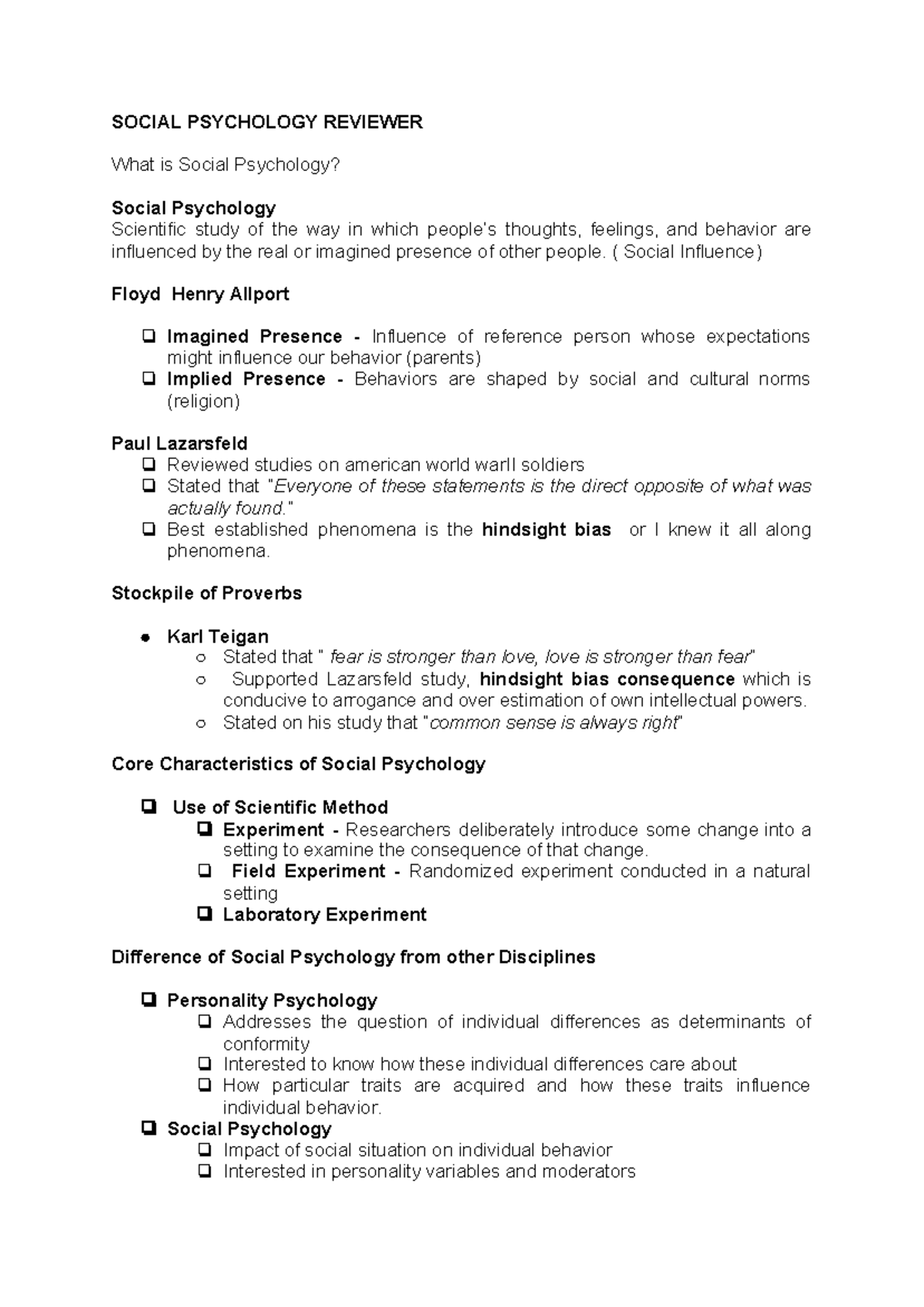 Social Psychology (PSY 101) Final Exam Reviewer Guide - Studocu