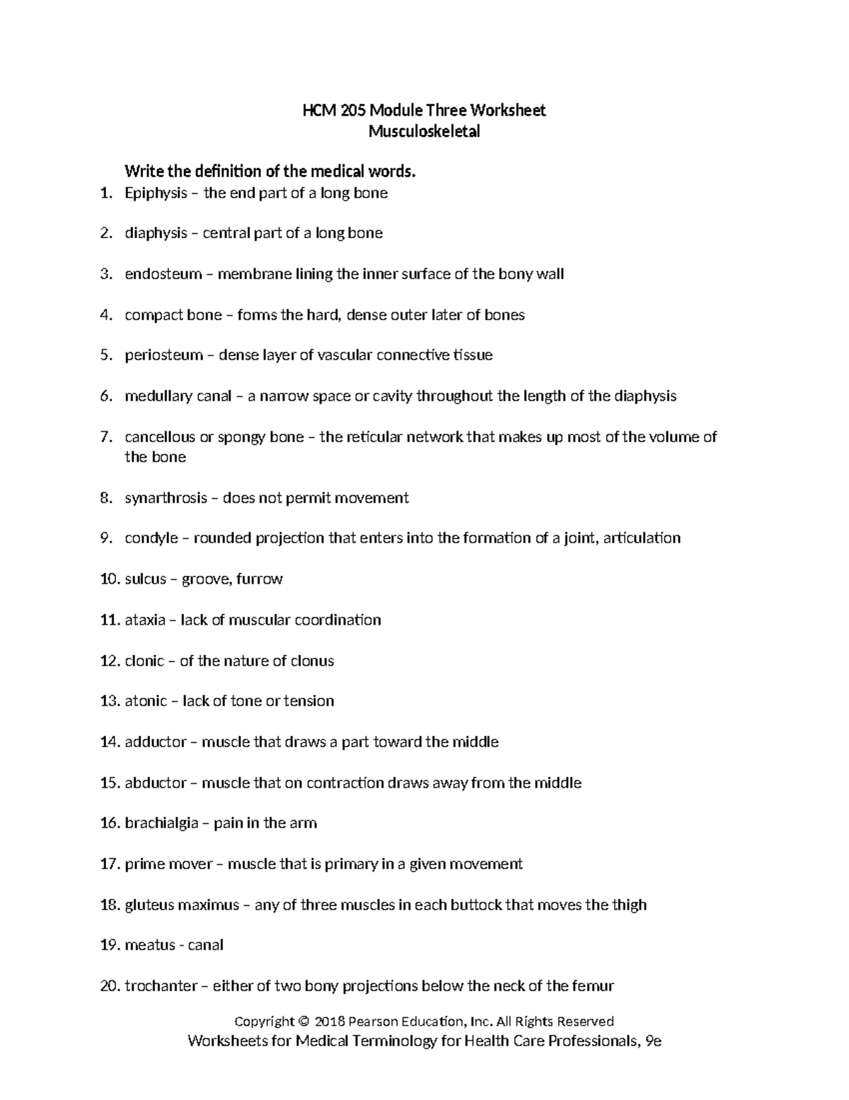 HCM 205 Module 3 Medical Terminology Worksheet & Definitions - Studocu