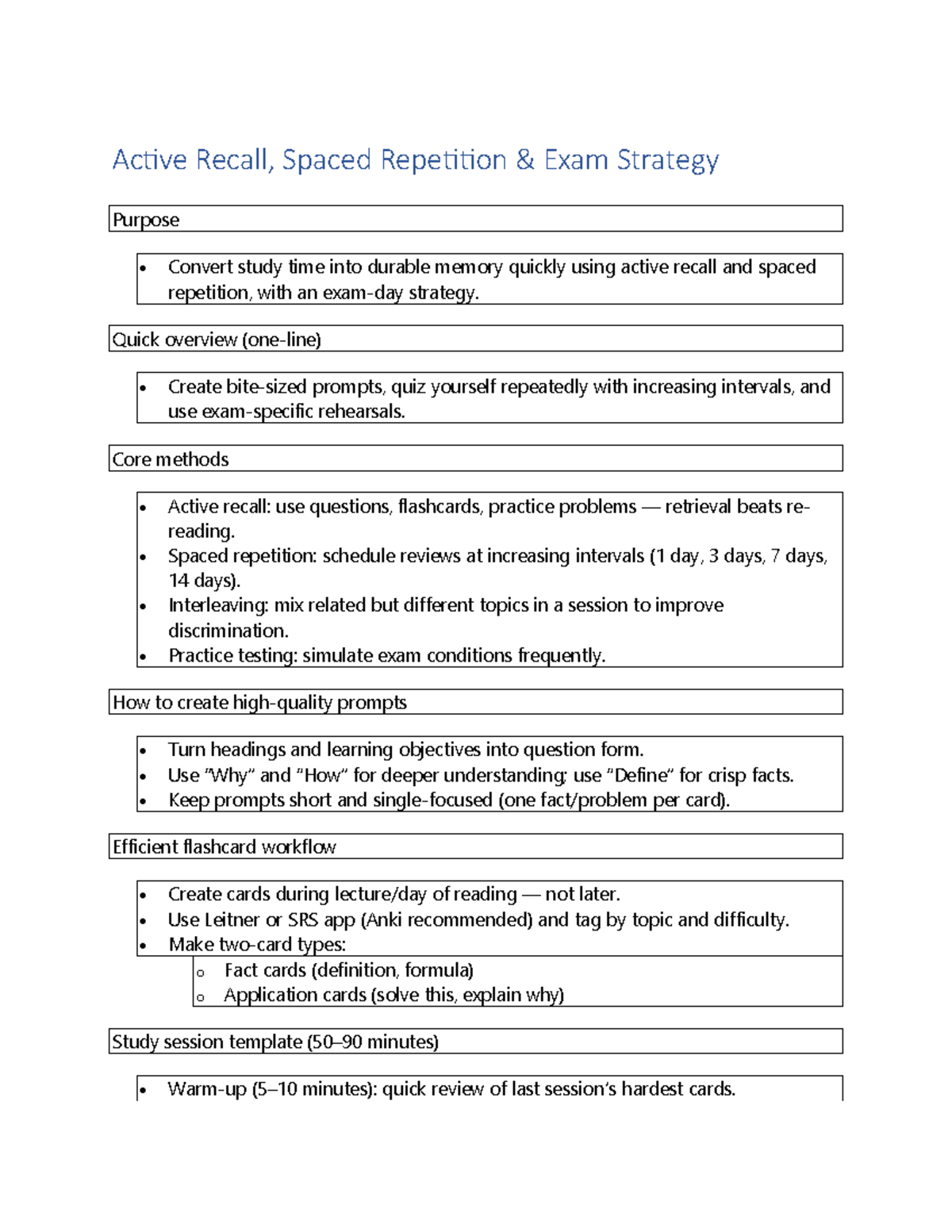 Active Recall & Spaced Repetition Exam Strategy Summary - Studocu