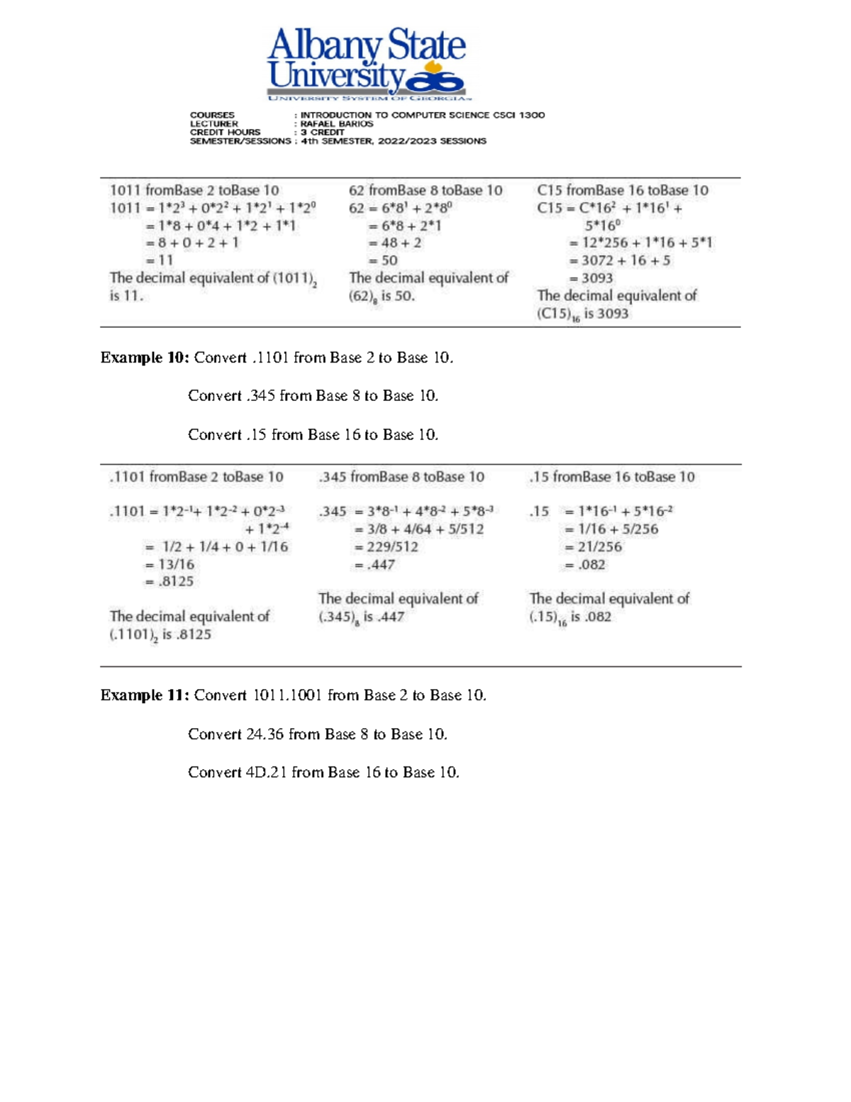 CSCI 1300 Intro to CS: Chapter 3 - Number System Conversions and Binary ...