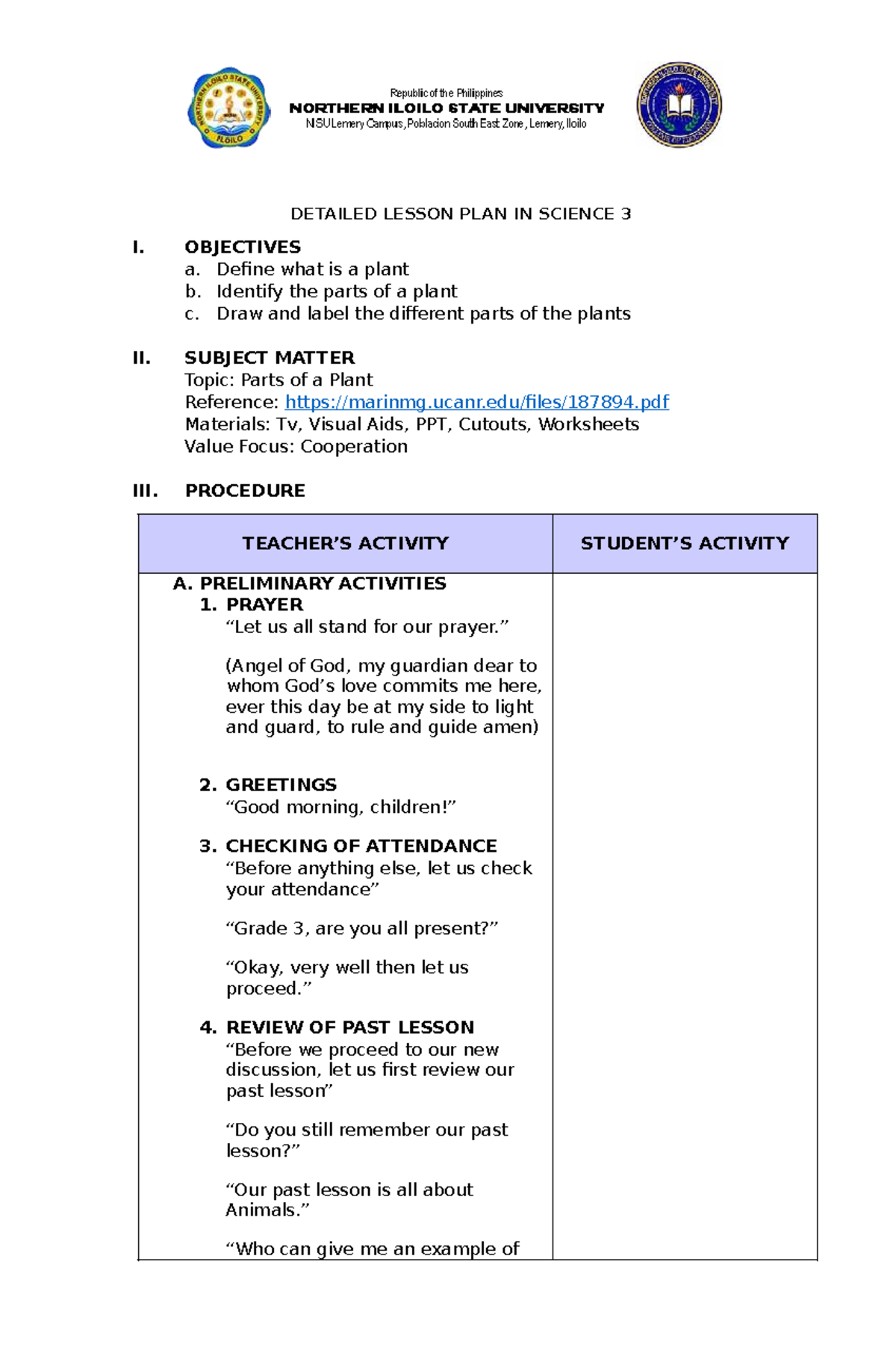 Detailed Lesson Plan: Parts of a Plant for SCI 3 - Studocu