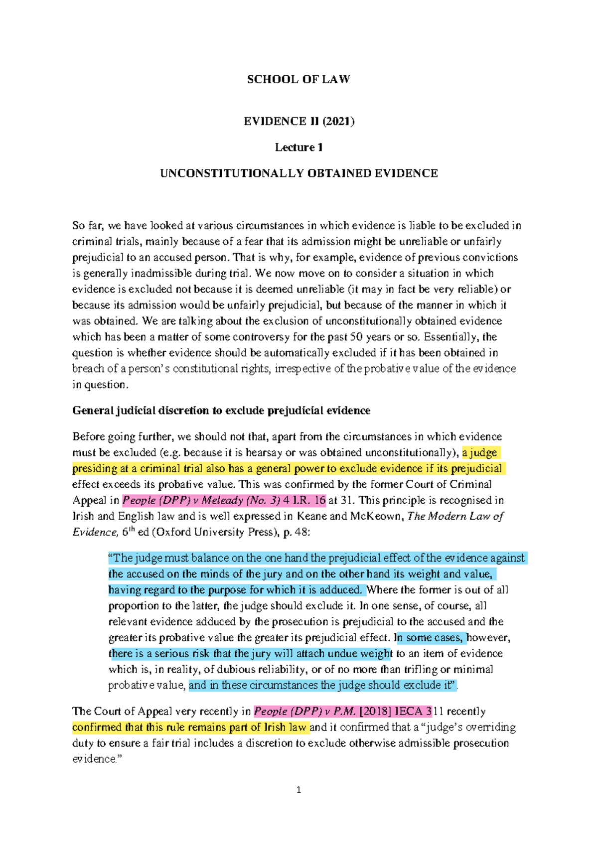 EVIDENCE II (2021) Lecture on Unconstitutionally Obtained Evidence ...