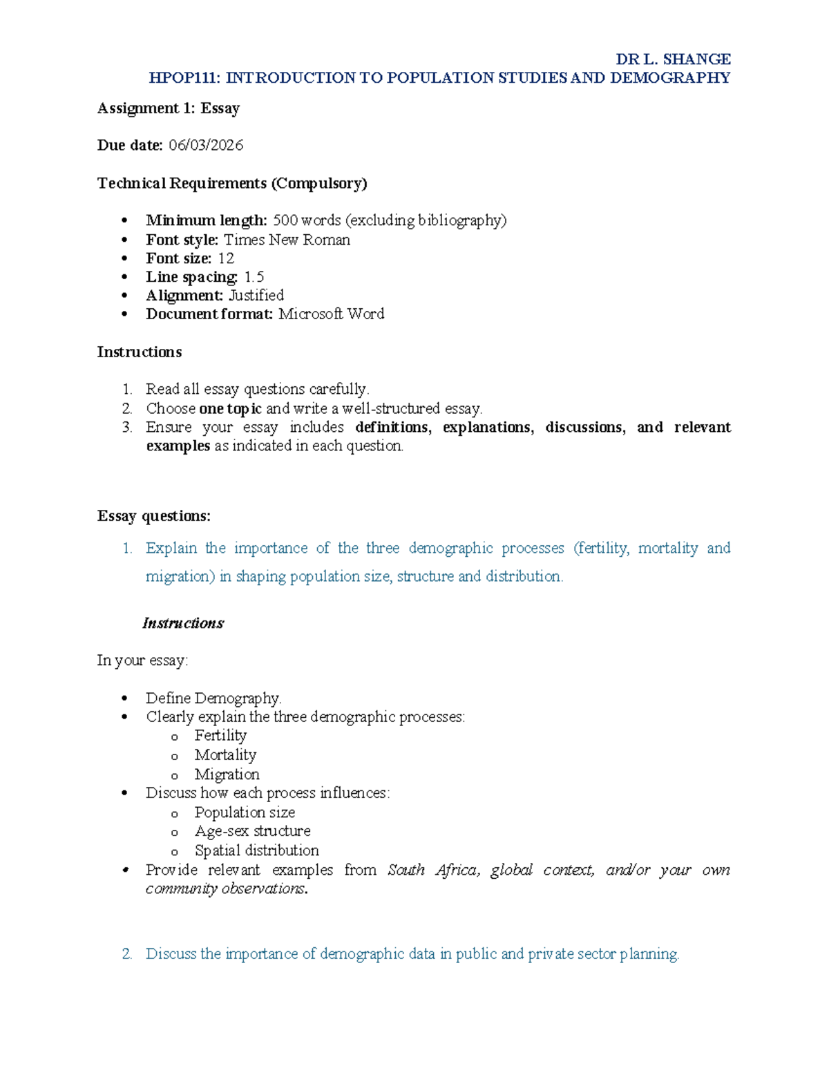 HPOP111 Assignment 1: Essay on Demographic Processes and Data - Studocu