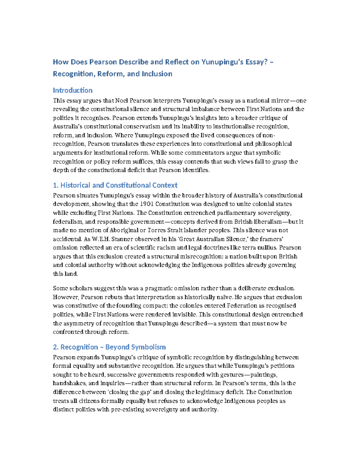 Pearson's Recognition, Reform, and Inclusion Essay Analysis - Studocu