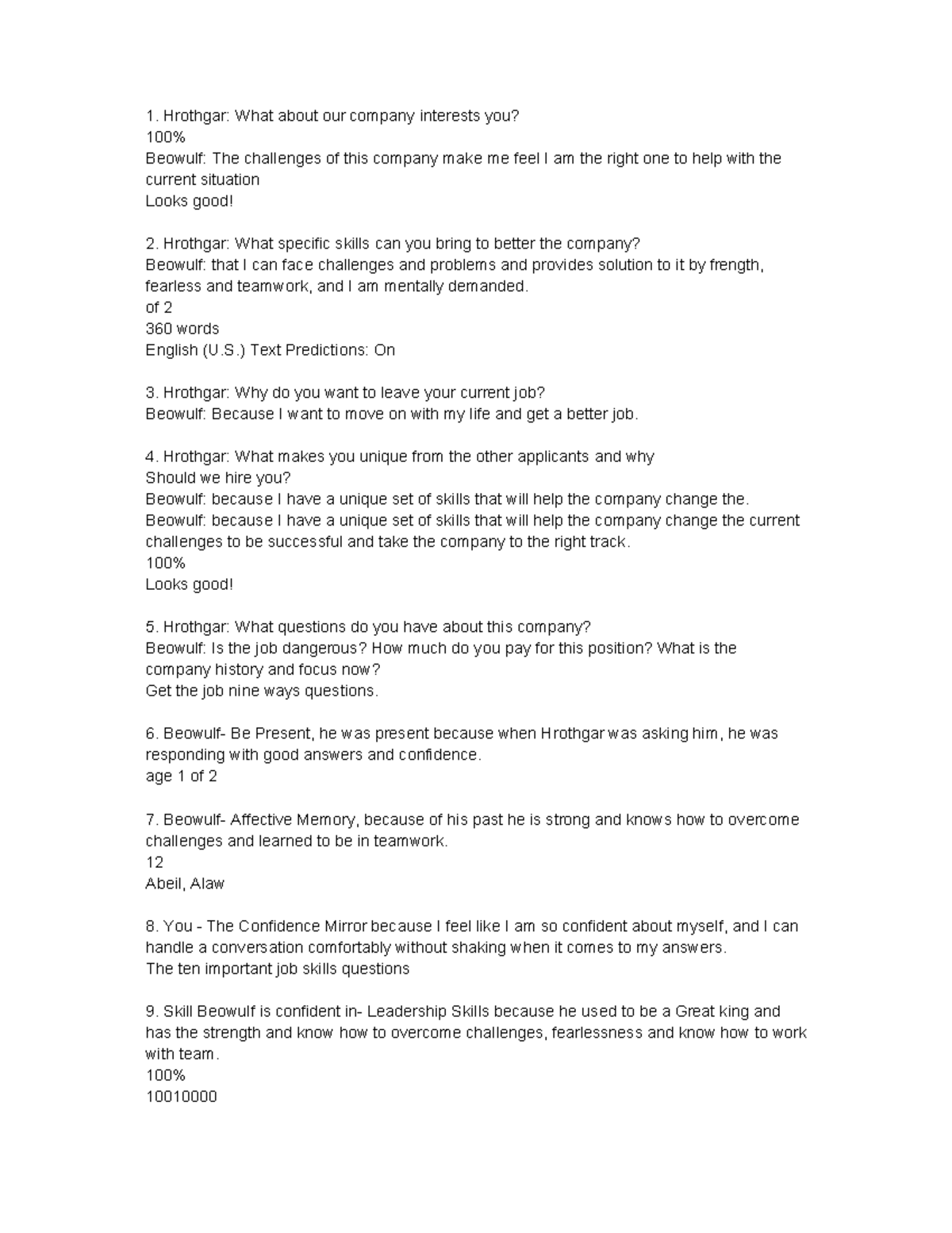 Beowulf's Interview Skills Analysis and Personal Strengths - Studocu