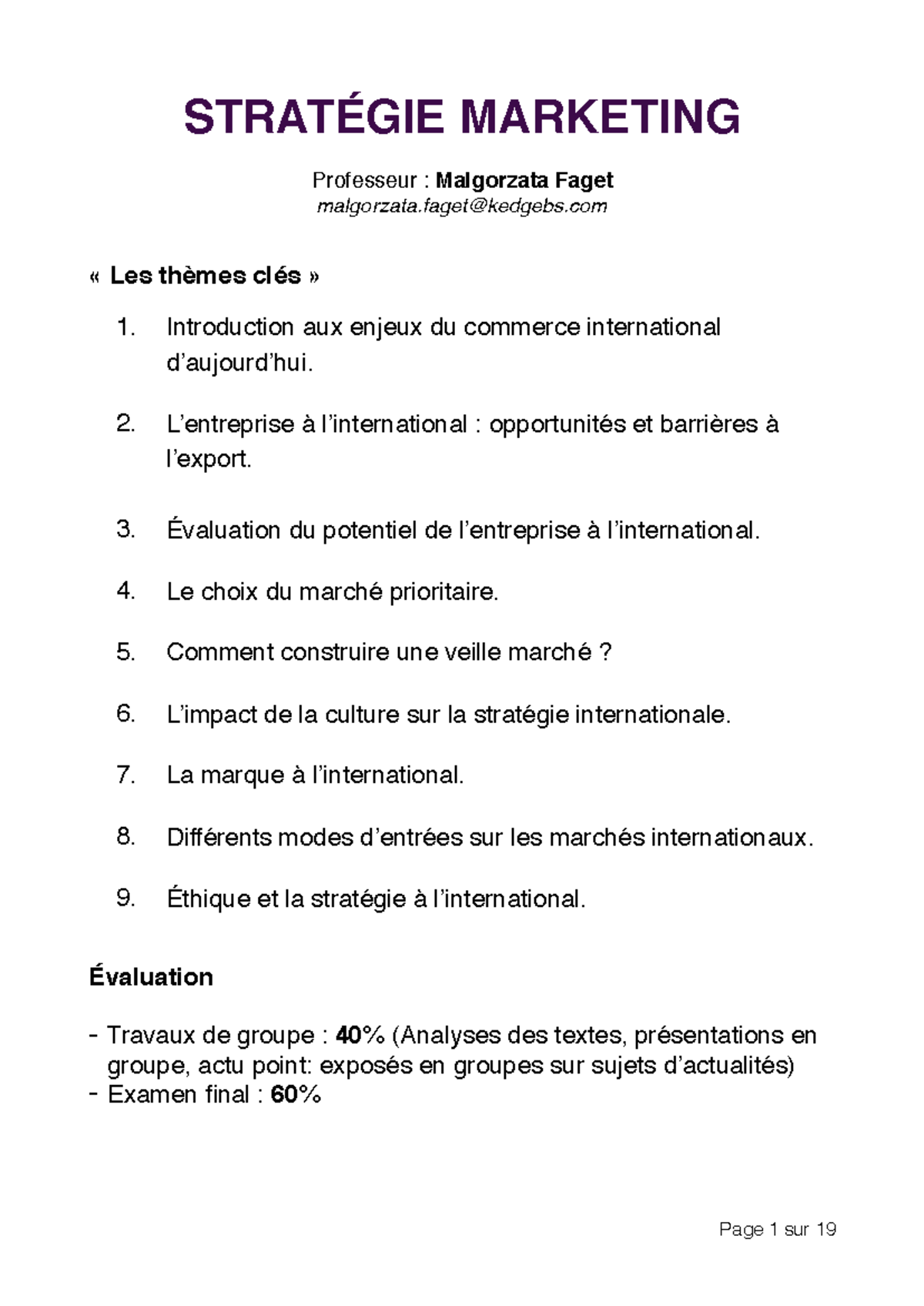 Cours Stratégie marketing - STRATÉGIE MARKETING Professeur : Malgorzata ...