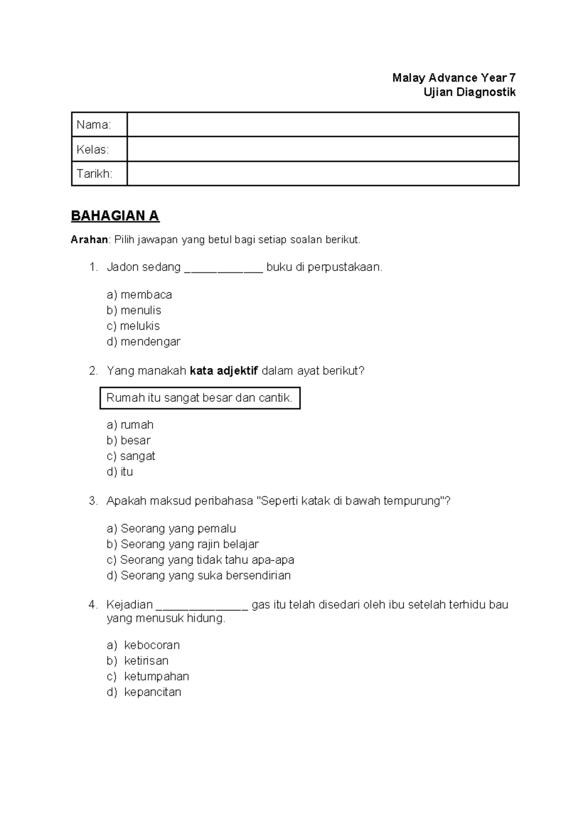 EXAMPLE DIAGNOSTIC TEST FOR SECONDARY - Malay Advance Year 7 Ujian ...