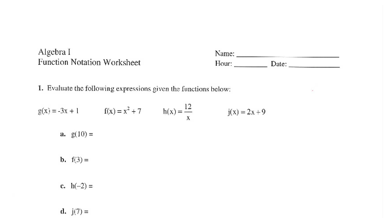Algebra I - Functions and Function Notation Practice Worksheet - Studocu