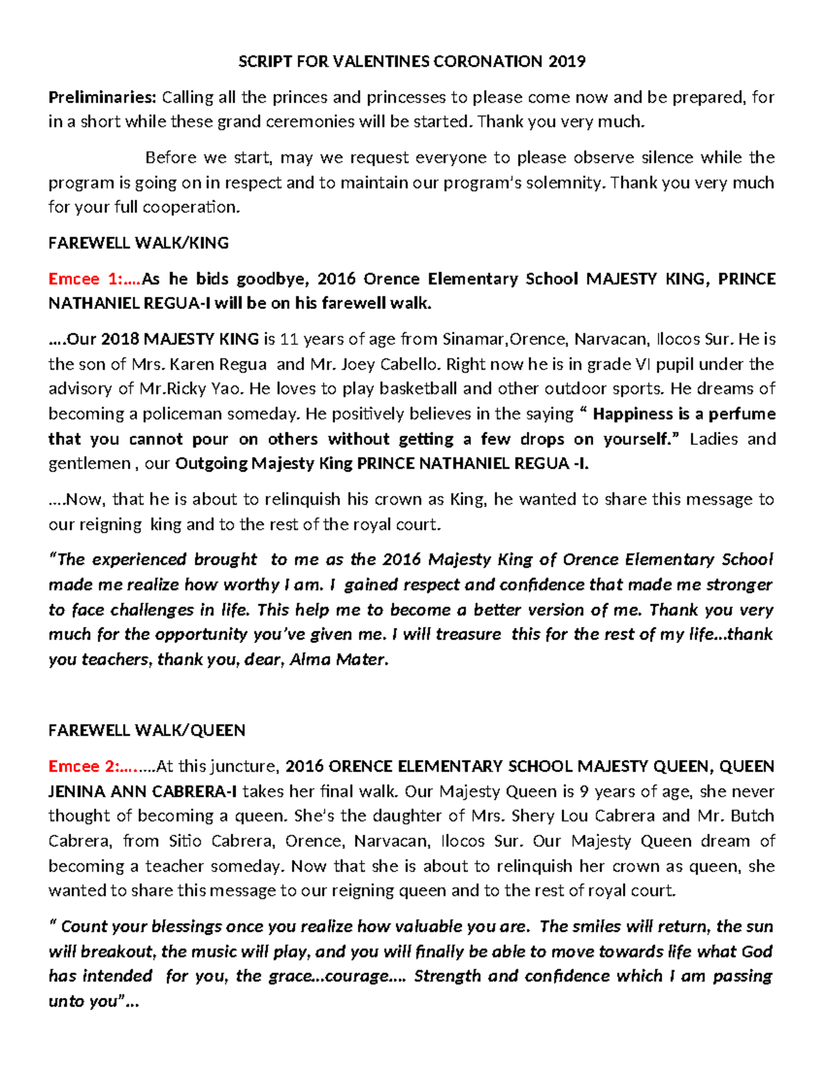 Valentines Coronation Rites Script 2019 - Orence Elementary School ...