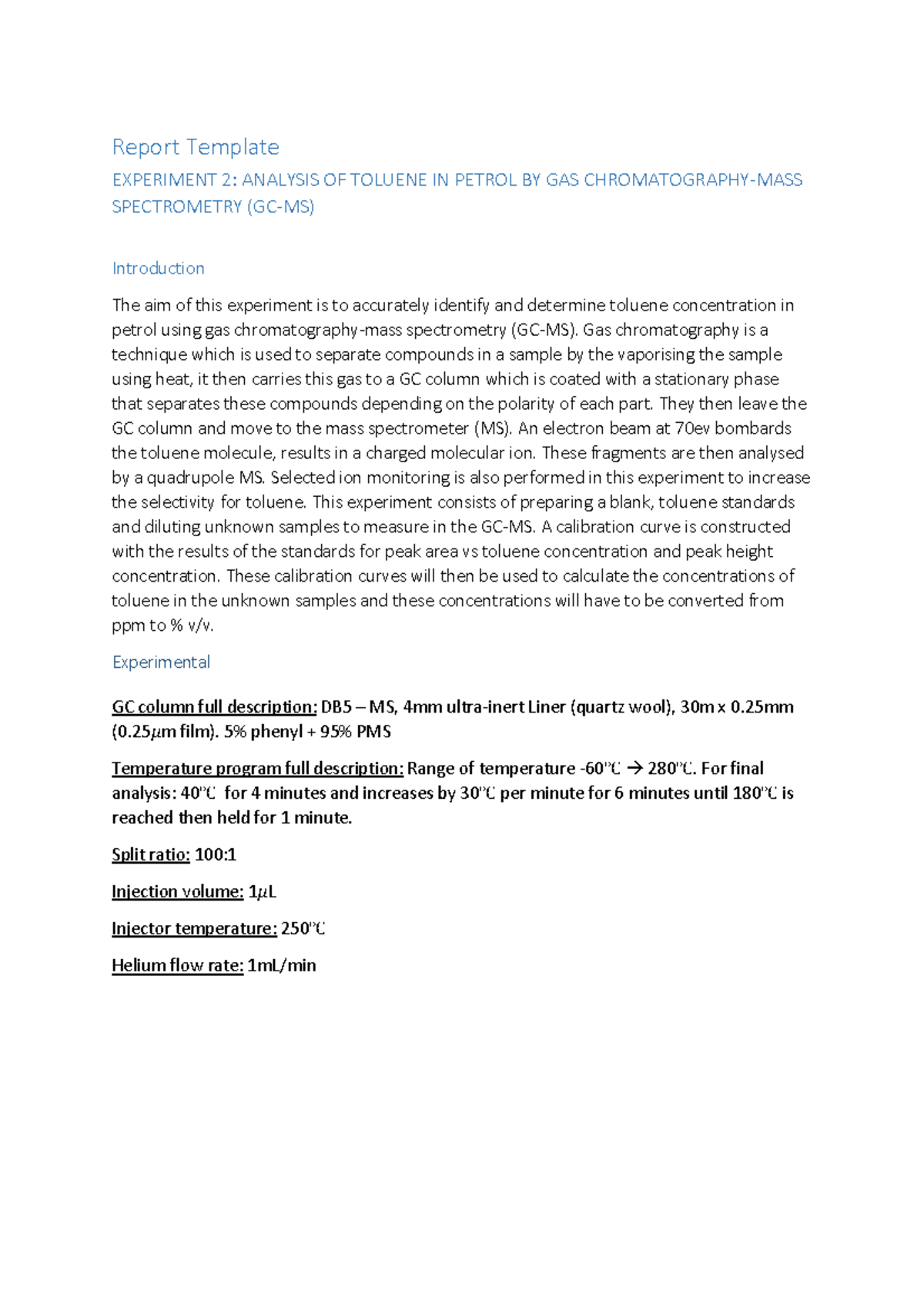 Experiment 2 Report: Toluene Analysis in Petrol by GC-MS - Studocu