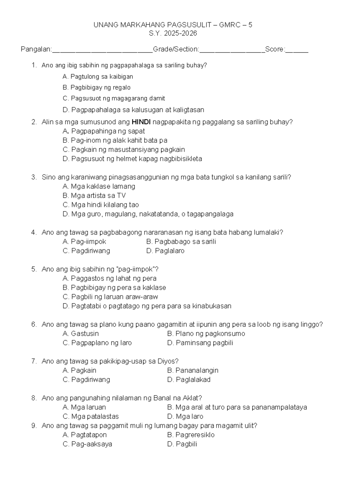 Unang Markahang Pagsusulit sa GMRC 5: Mga Tanong at Sagot - Studocu