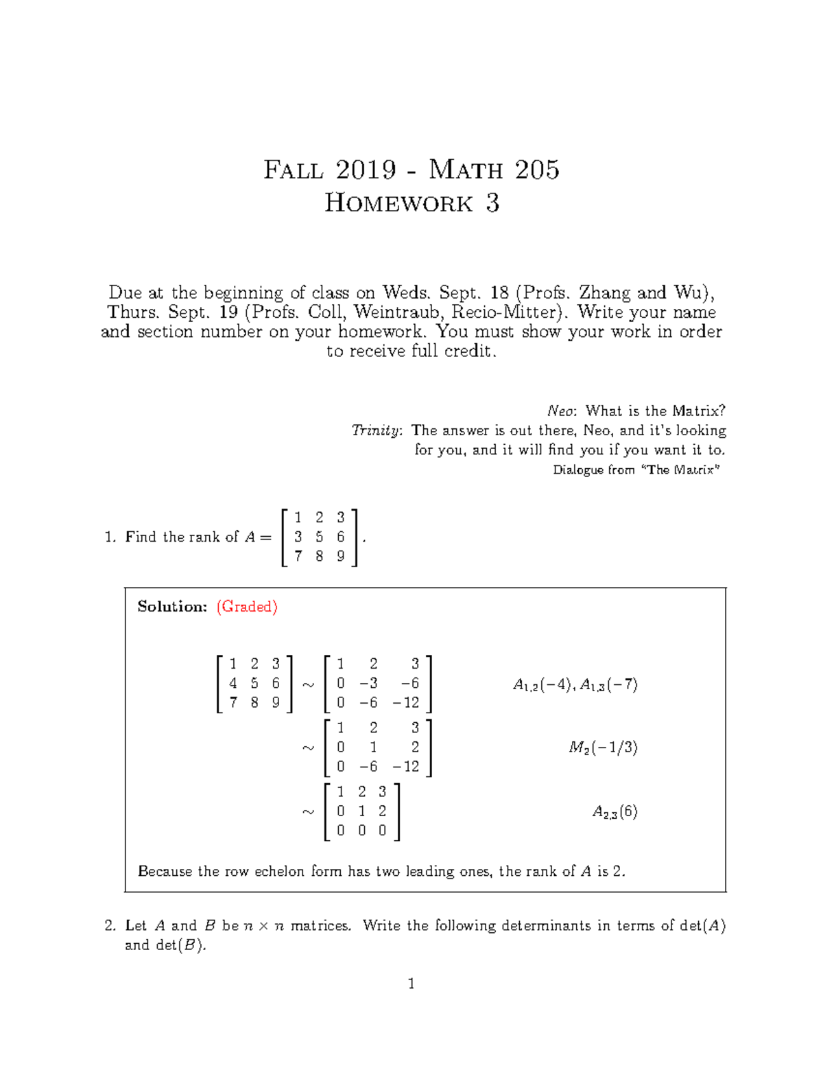 HW3soln - hw 3 solution - Fall 2019 - Math 205 Homework 3 Due at the ...