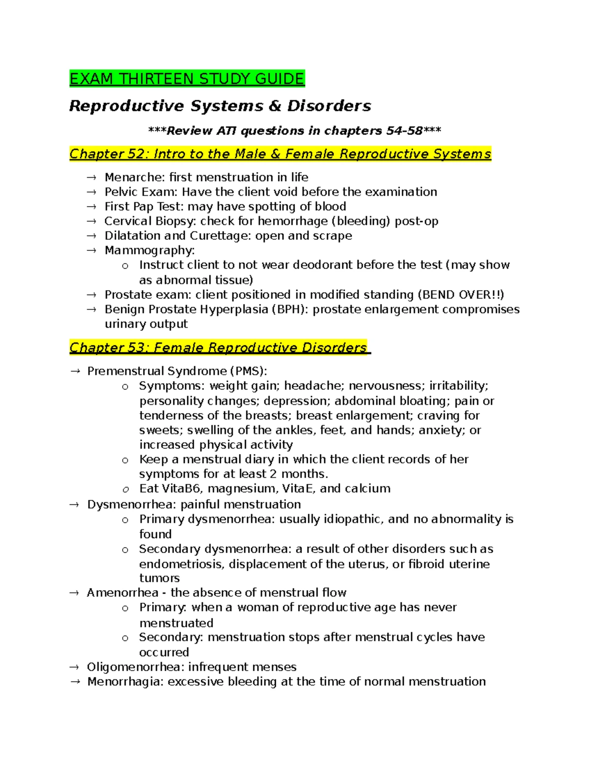 EXAM 13 STUDY GUIDE: Reproductive System Disorders & Related ATI ...