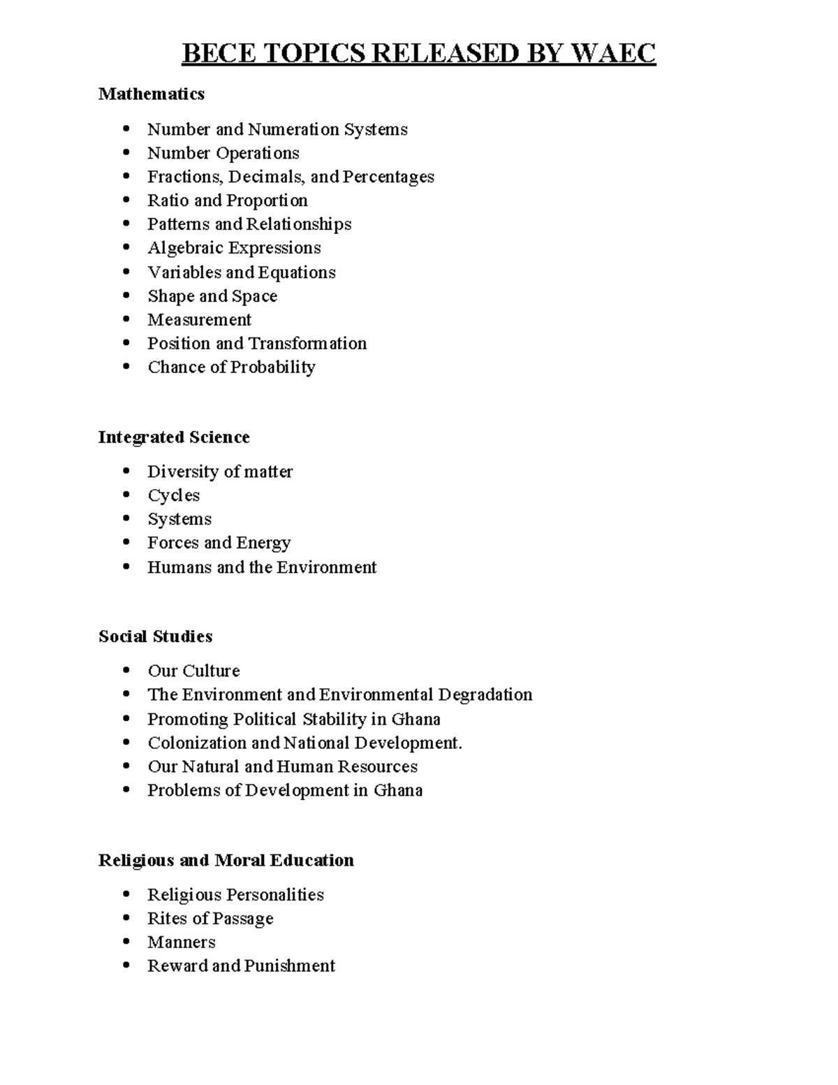 BECE Topics for Mathematics, Science, Social Studies, and RME by WAEC ...