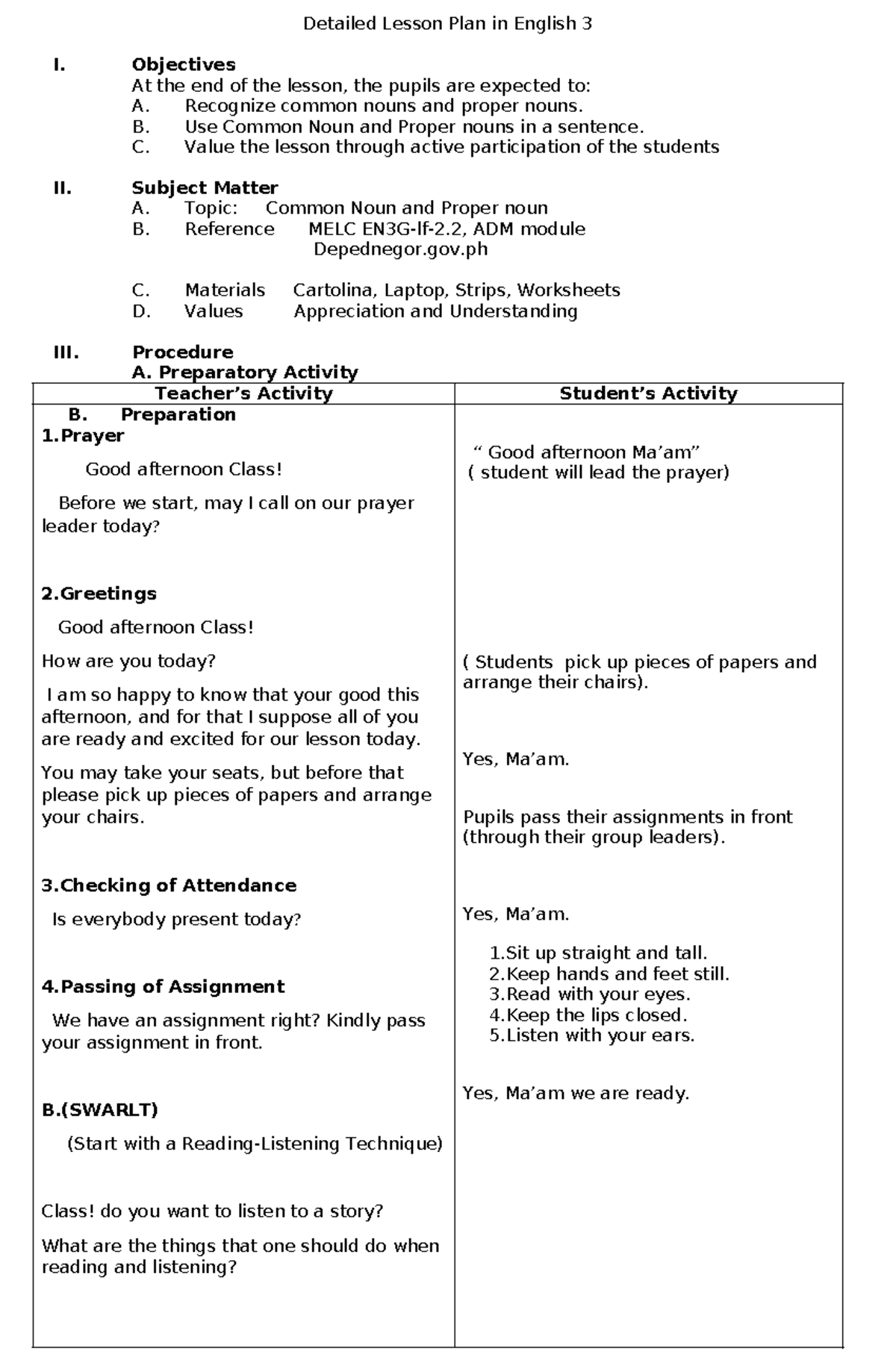 Detailed Lesson Plan on Common and Proper Nouns for English 3 - Studocu