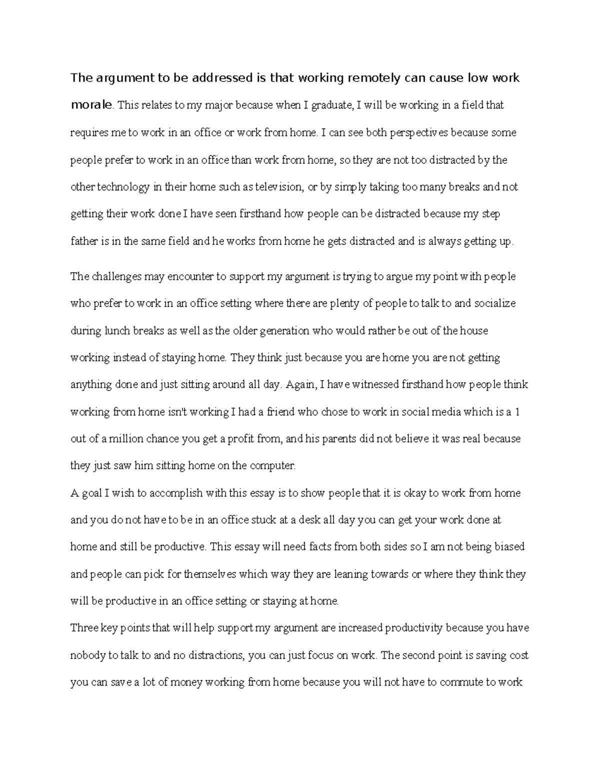 Argumentative Essay: Remote Work vs. Office Work (3-6 Writing Plan ...