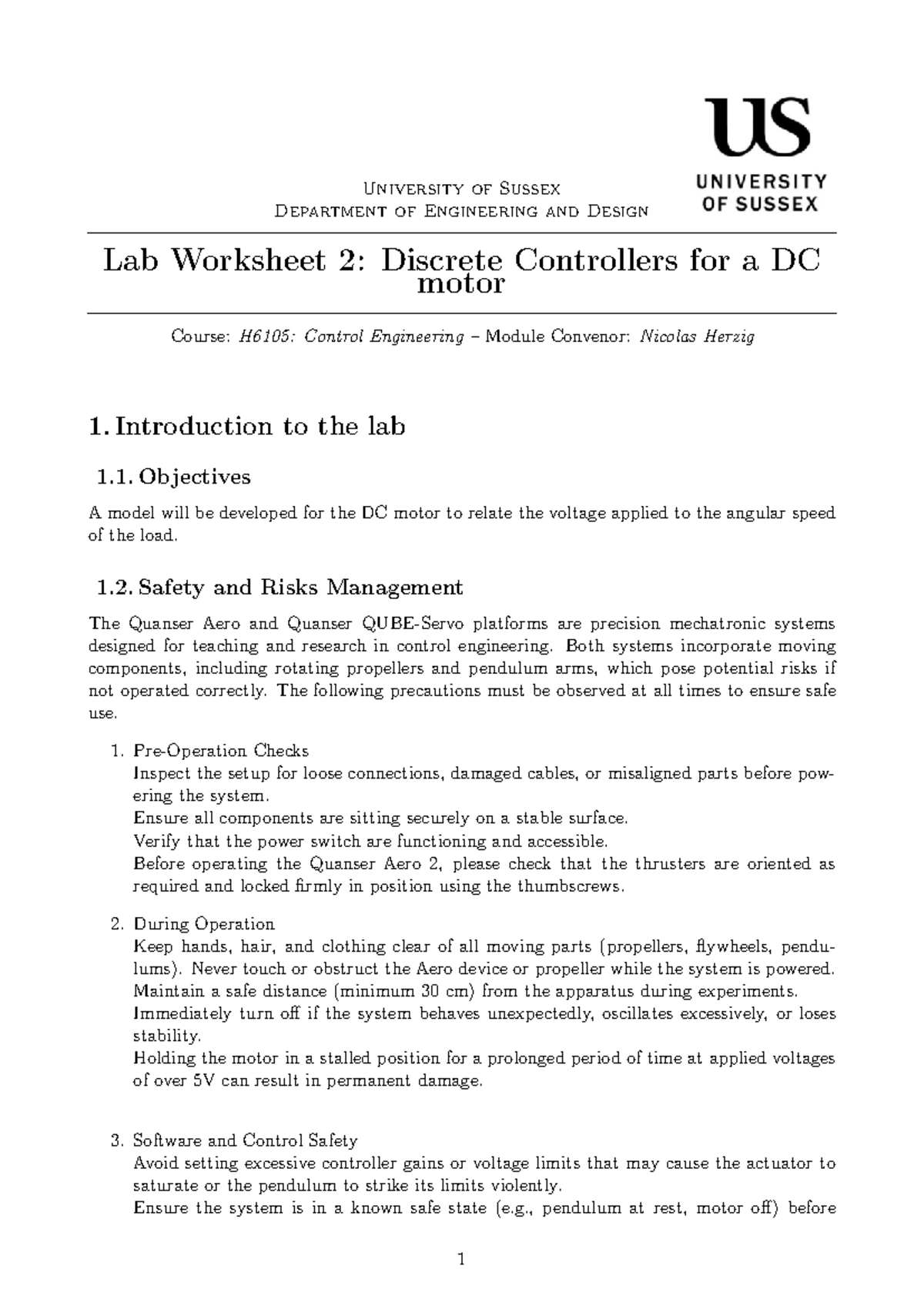 H6105 Control Engineering Lab Worksheet 2: Discrete Controllers for DC ...
