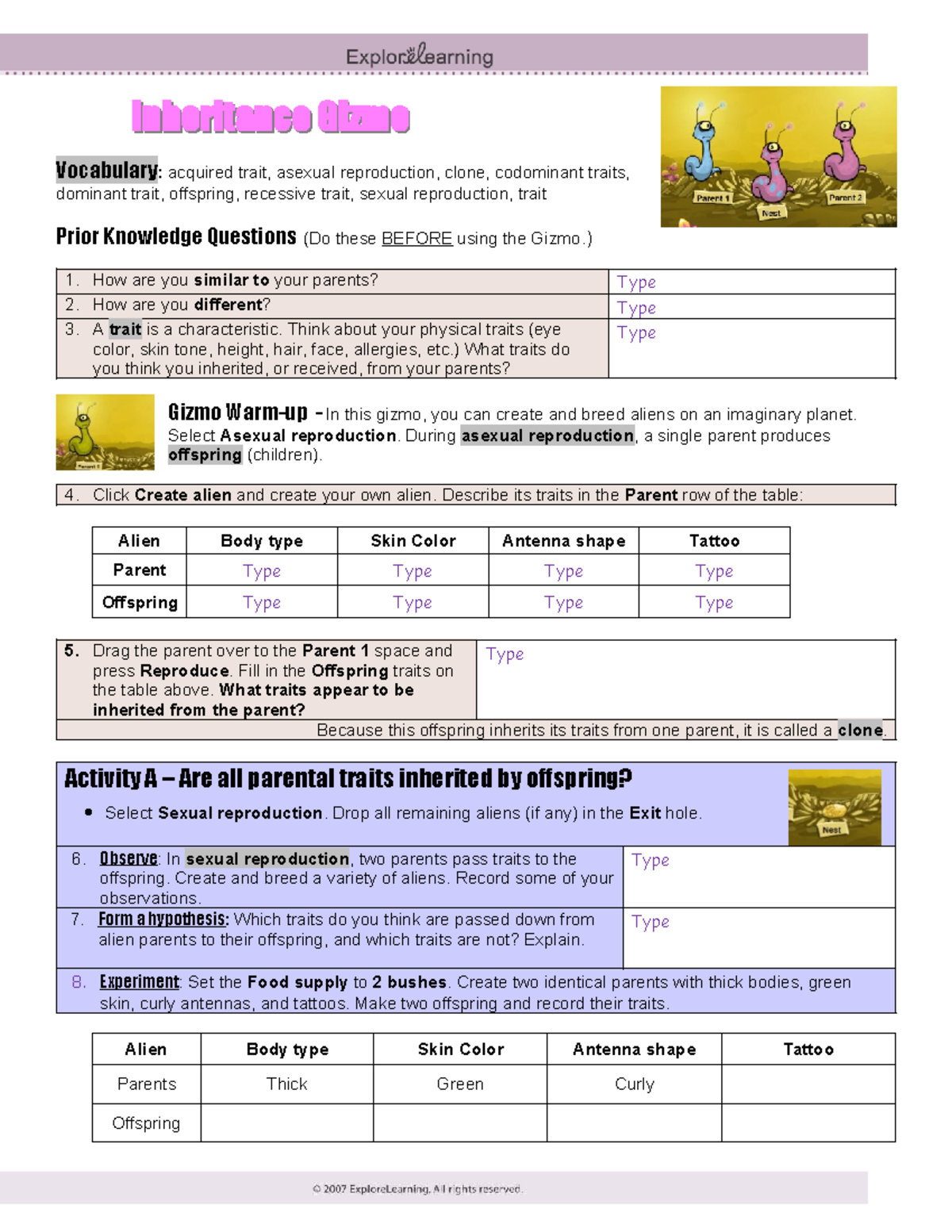 Inheritance Gizmo Vocabulary & Activities: Traits, Reproduction, and ...