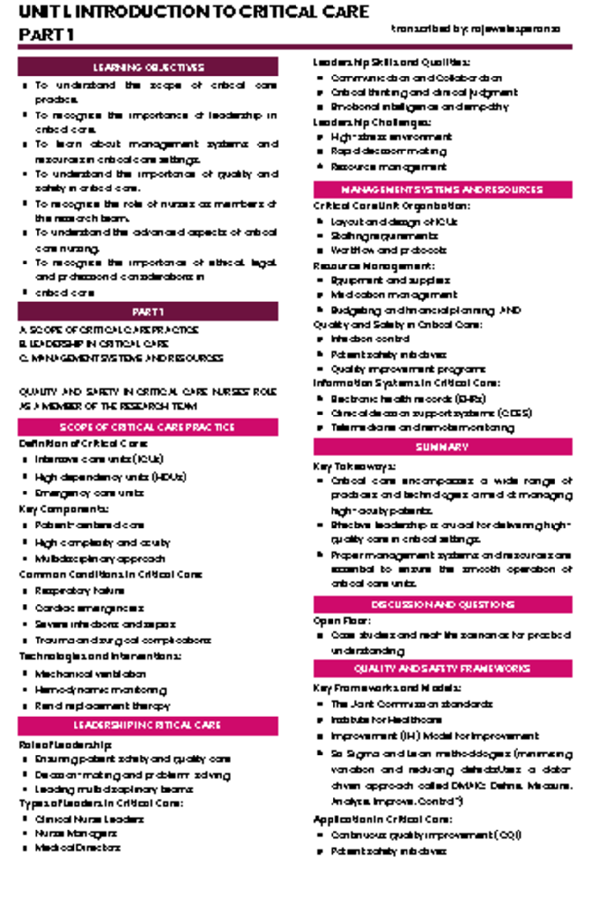NCM 118: Critical Care Nursing - Unit I & II Overview and Learning ...