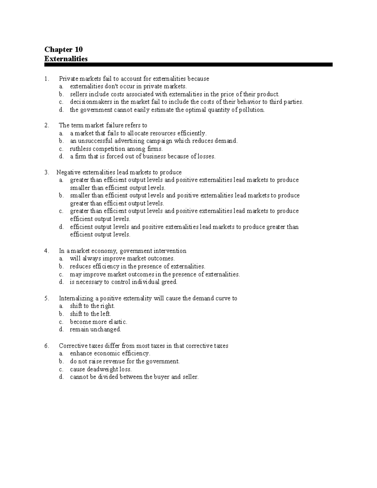 Ch 10 - Externalities Practice Questions & Answers - Studocu