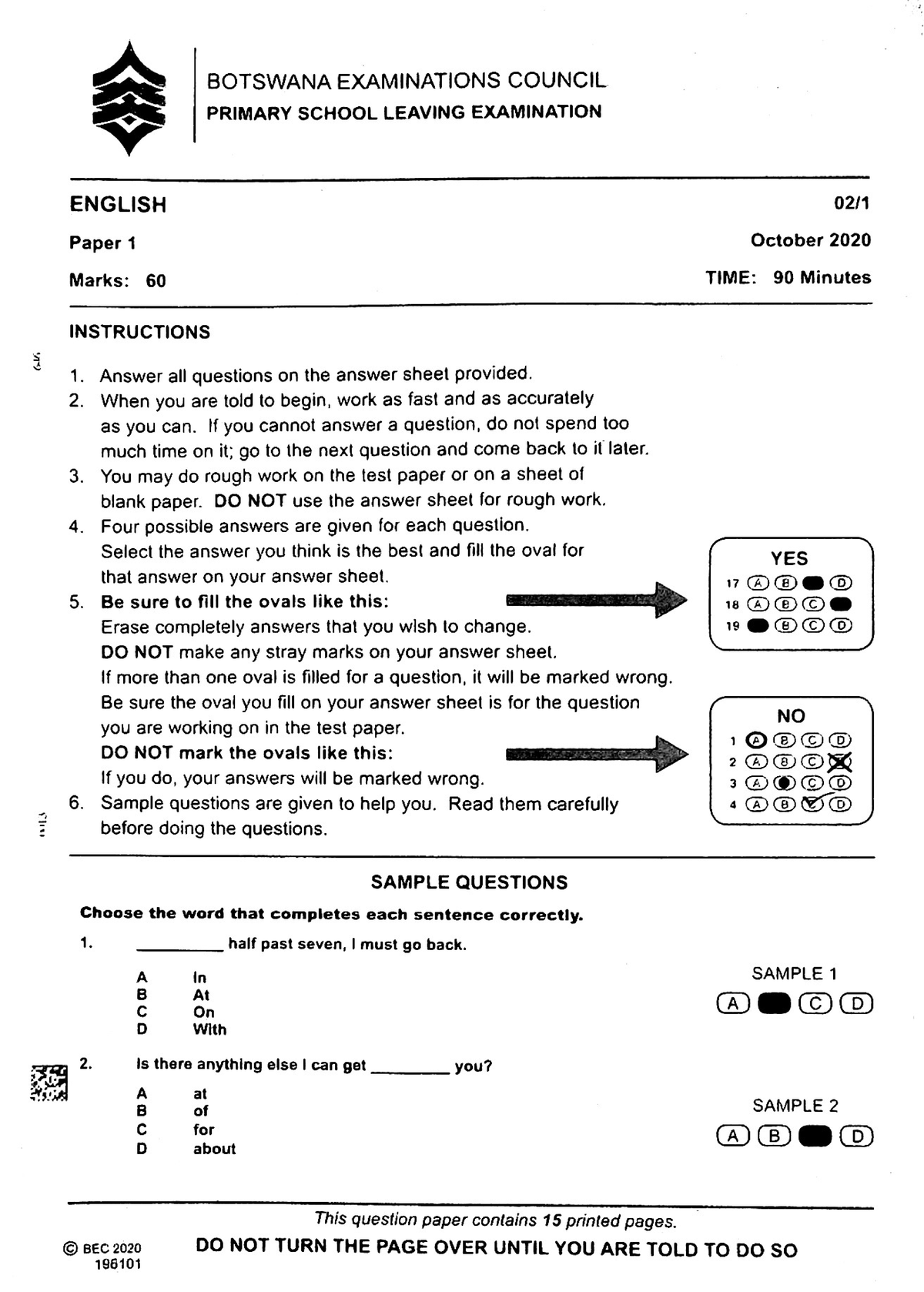 PSLE English Exam Paper 1 - Botswana 2020 - Studocu