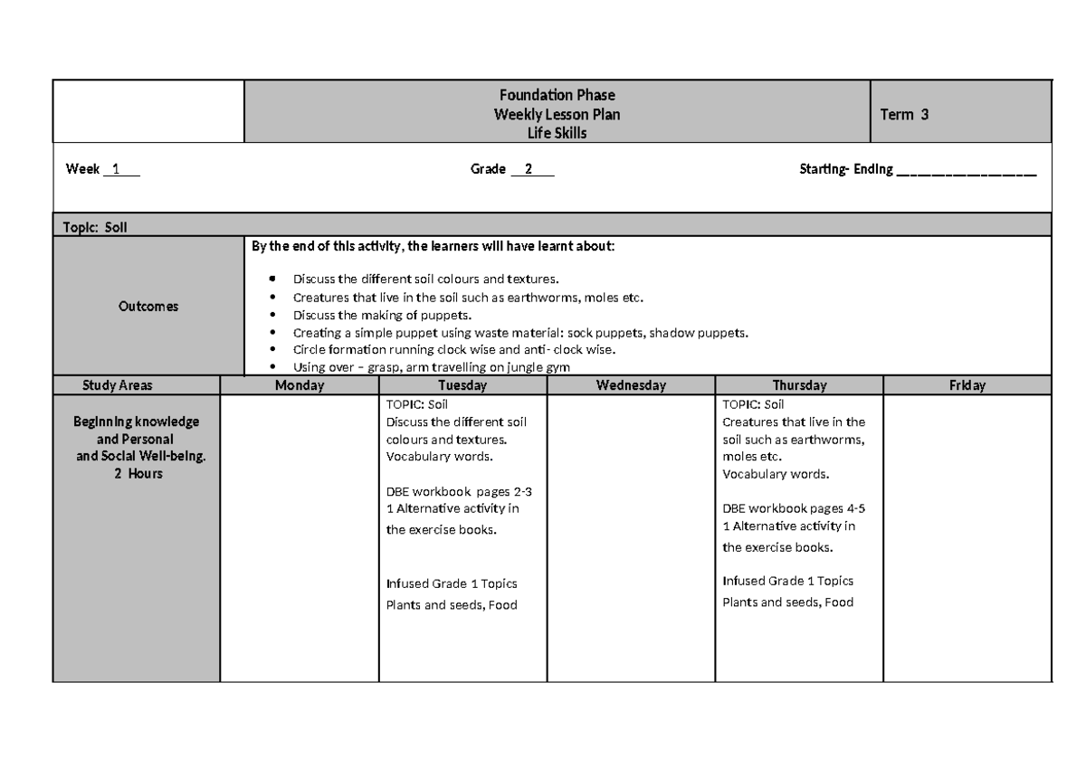 LIFE Skills Lesson Plan Grade 2 Term 3 Week 1: Exploring Soil - Studocu