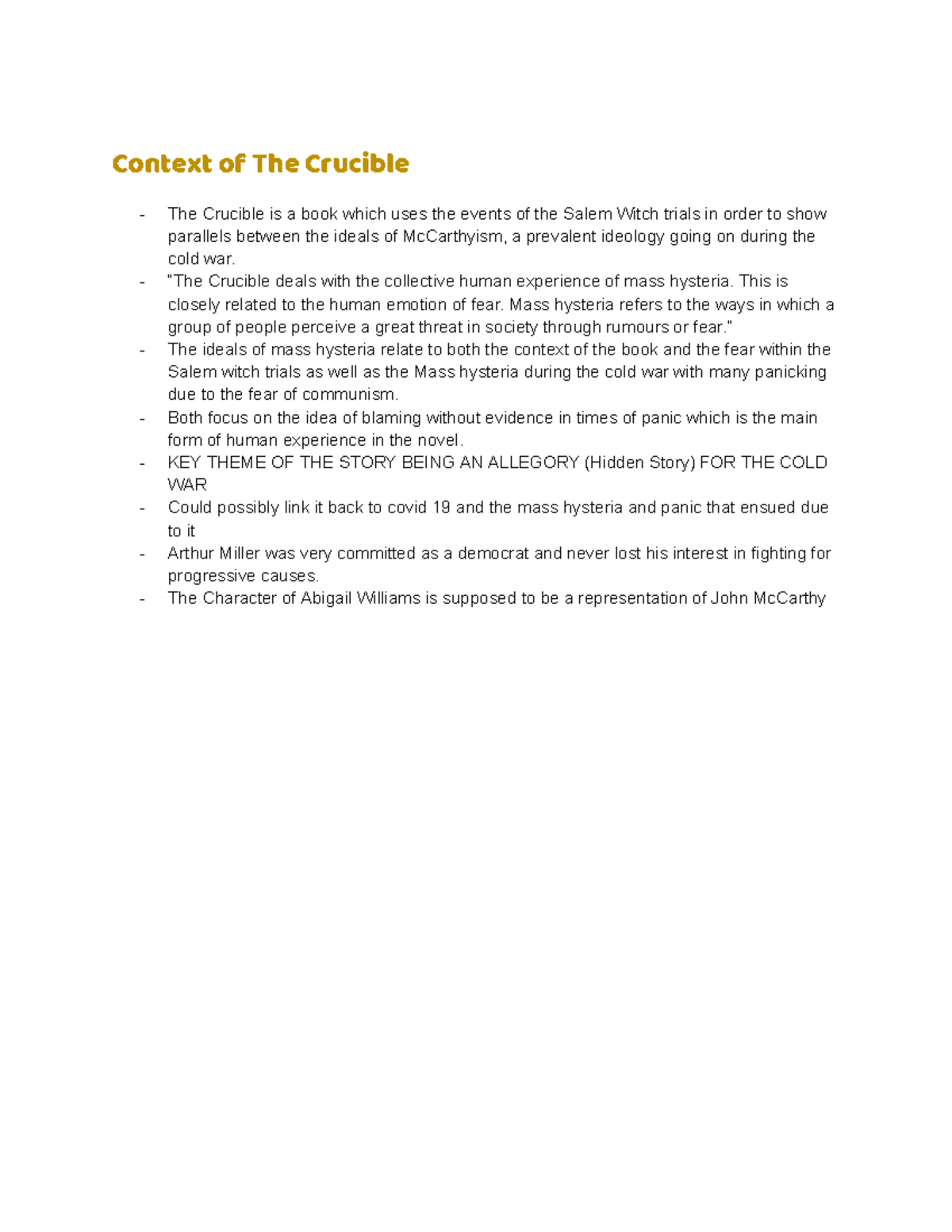 Contextual Analysis of The Crucible: Parallels to McCarthyism - Studocu