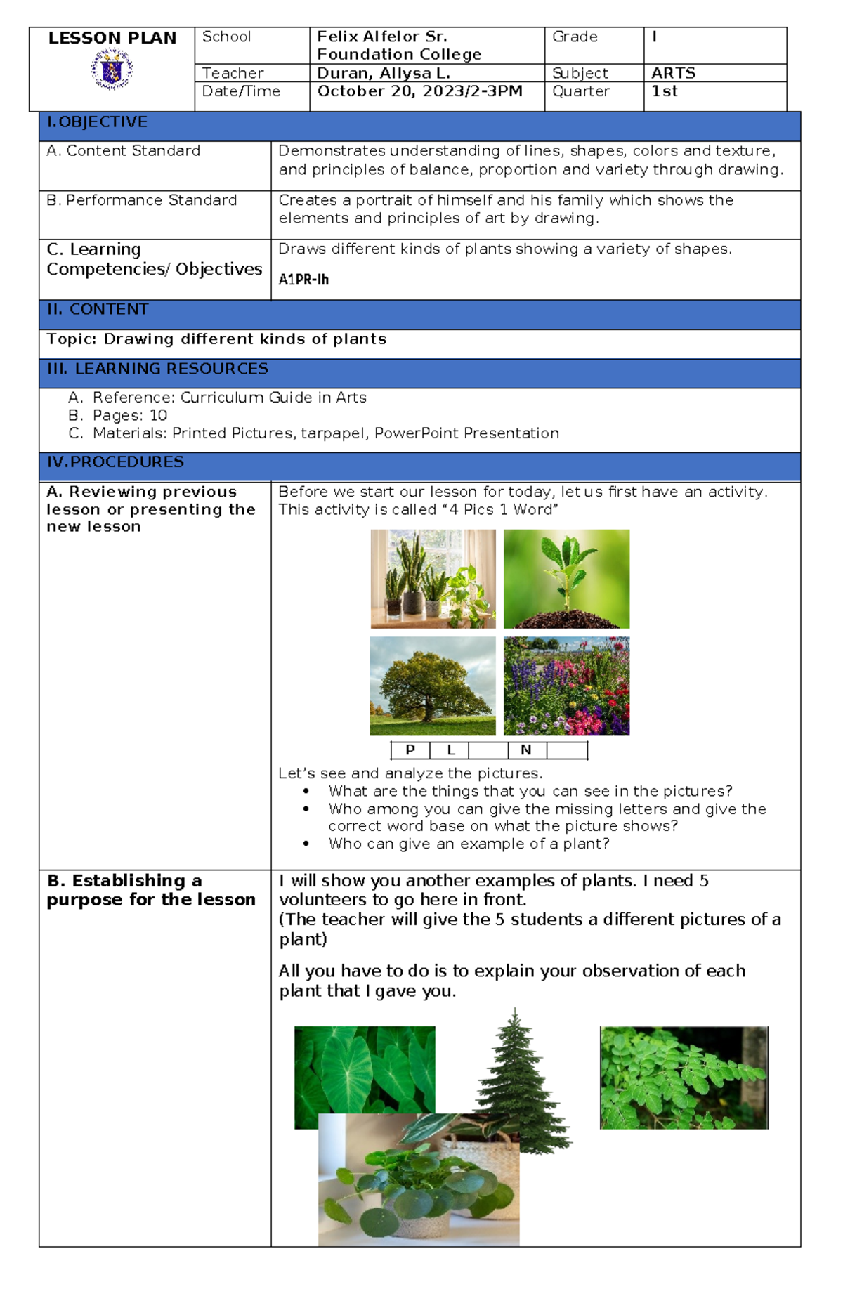 Lesson Plan in ARTS1: Drawing Plants Using Shapes and Colors - Studocu