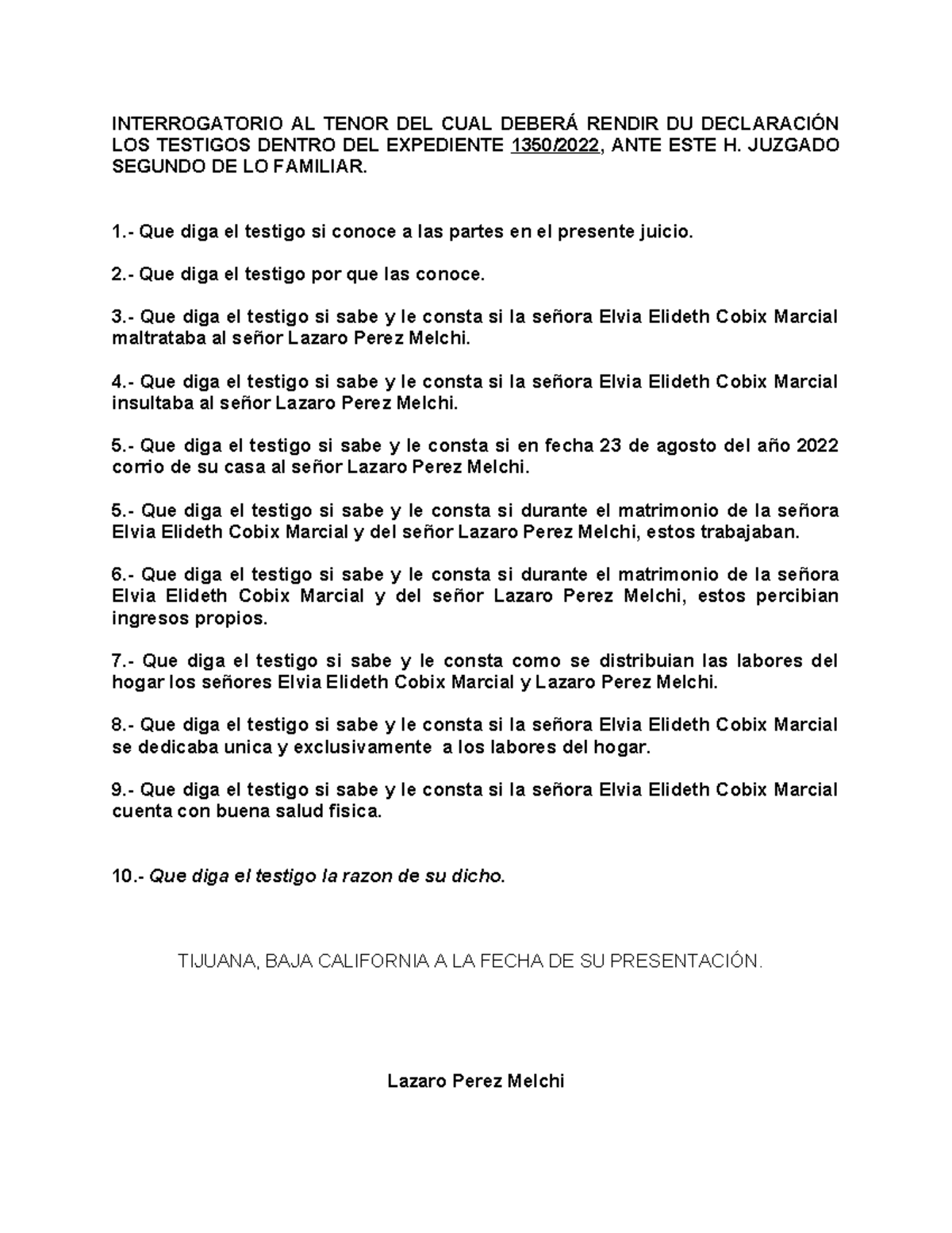 Interrogatorio a Testigos en Juicio Familiar - TIJUANA, BC - Studocu