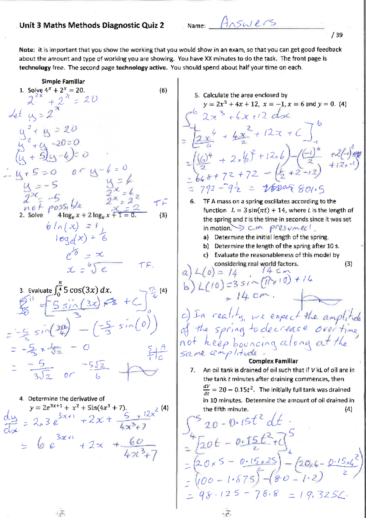 Unit 3 Maths Methods Diagnostic Quiz 2: Solutions and Working - Studocu