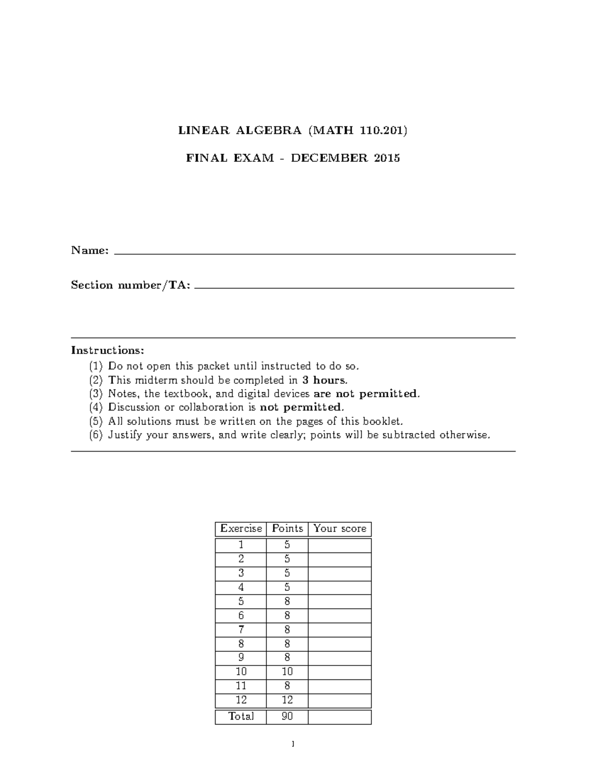 LINEAR ALGEBRA (MATH 110.201) FINAL EXAM NOTES DEC 2015 - Studocu