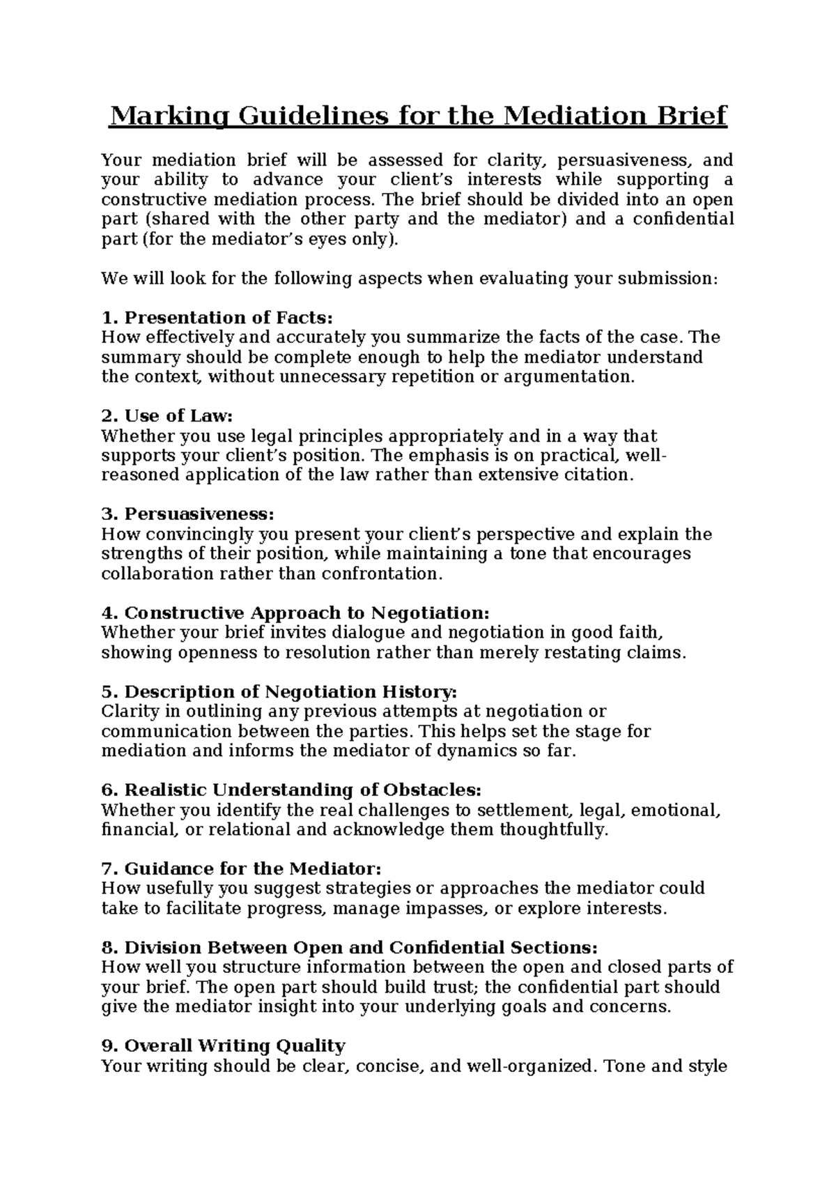Mediation Brief Marking Guidelines: Clarity & Persuasiveness - Studocu