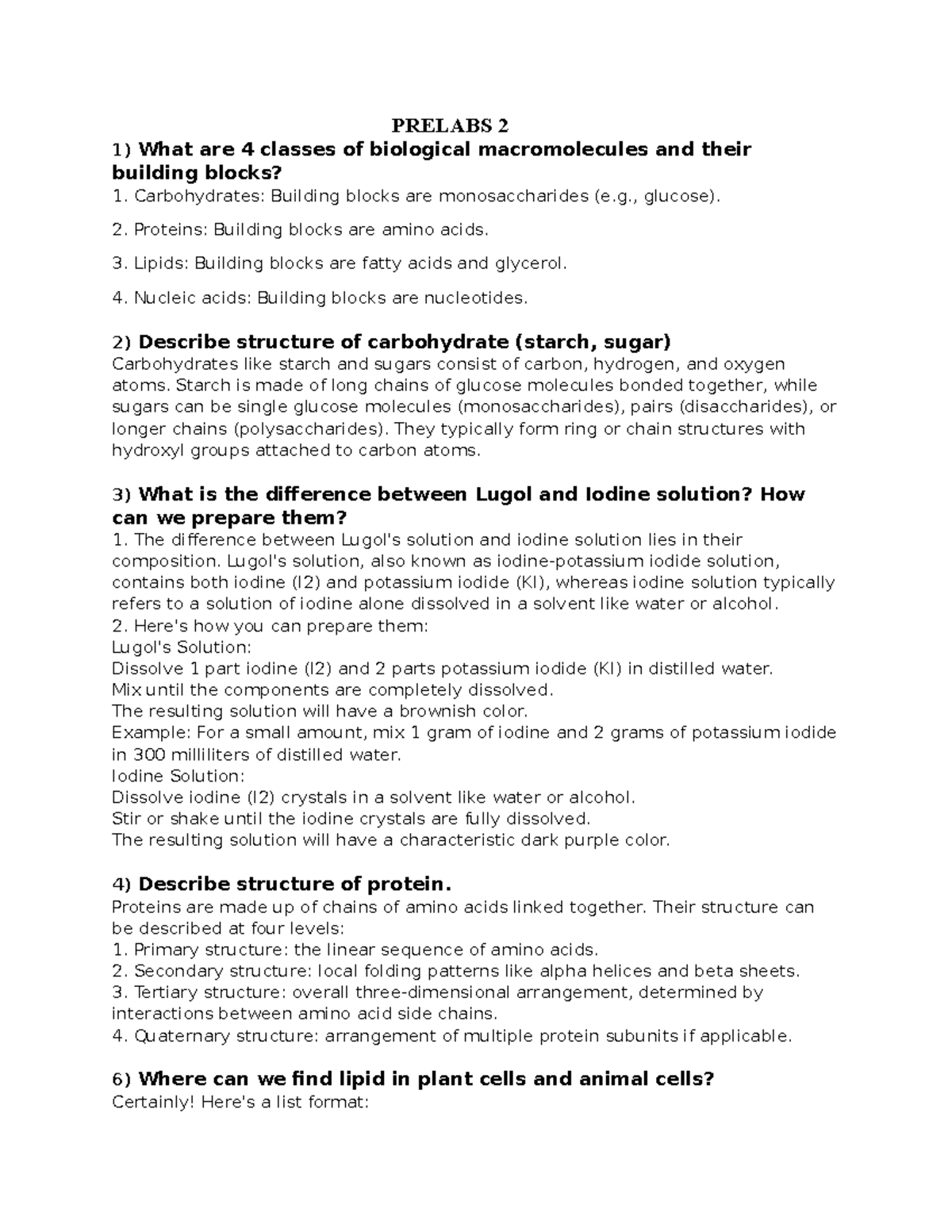 Keys for final lab writing - PRELABS 2 1) What are 4 classes of ...