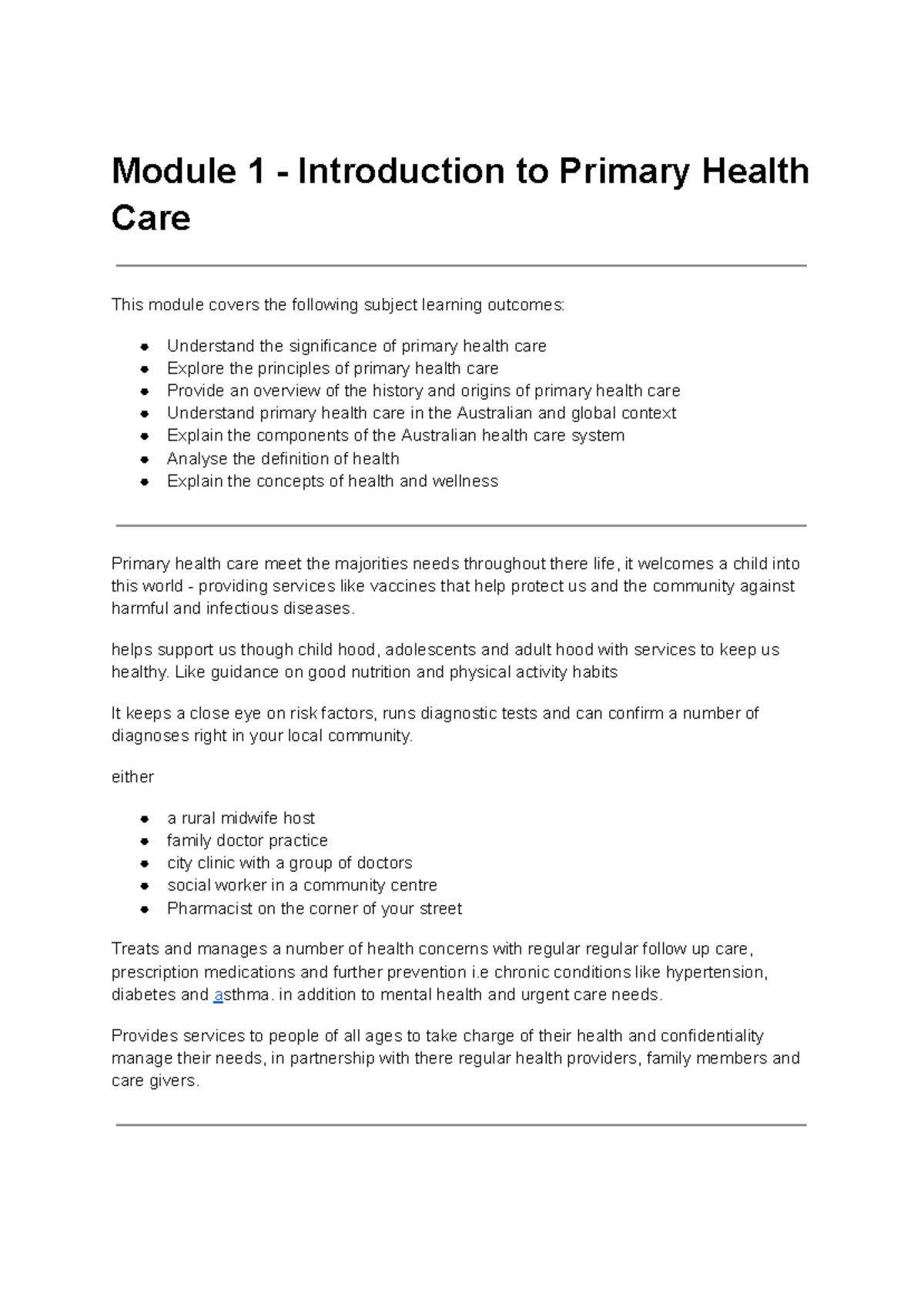 NURS1017 Module 1 - Module 1 - Introduction to Primary Health Care This ...