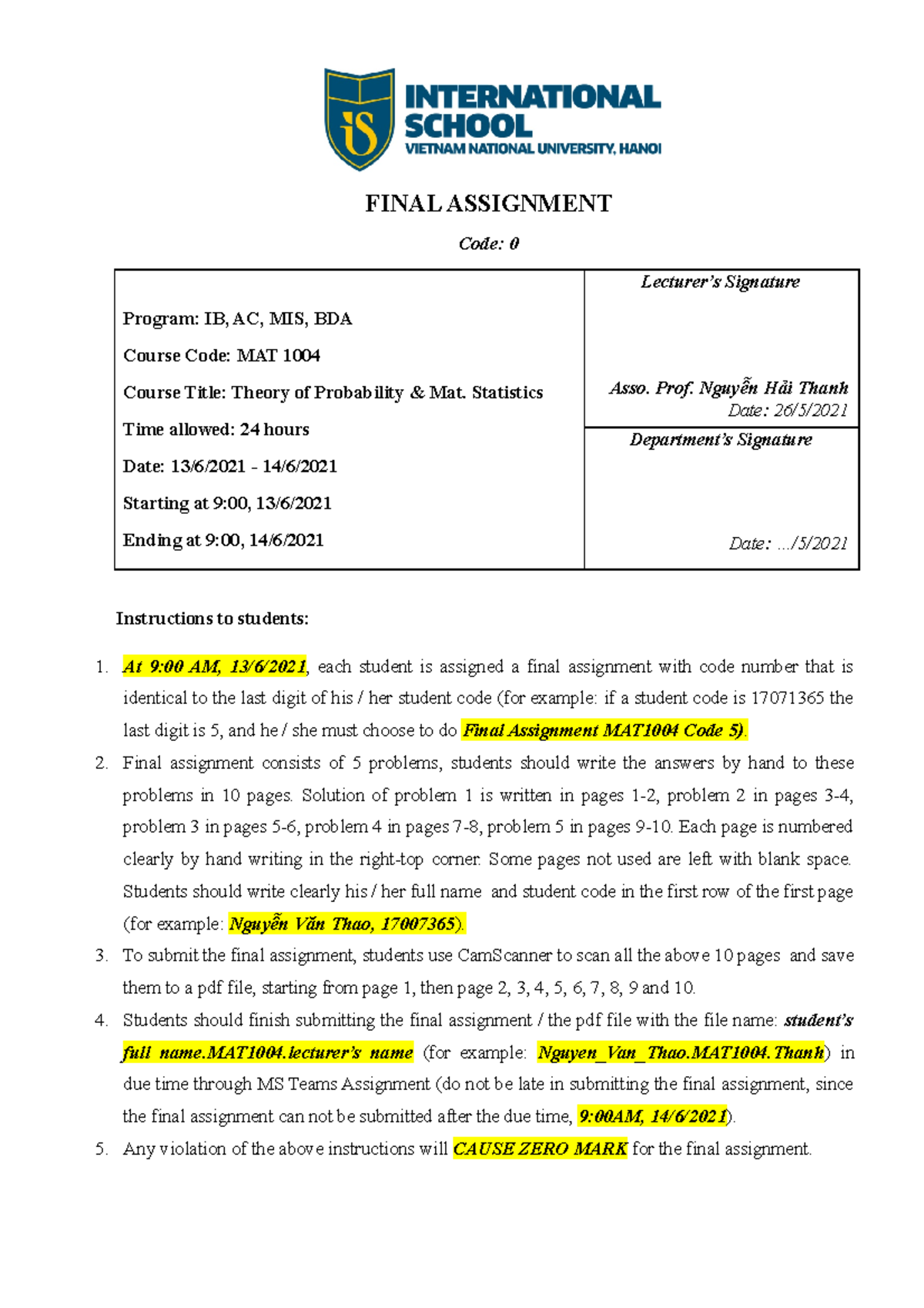 Final Assignment MAT1004 - Theory of Probability & Statistics - Studocu