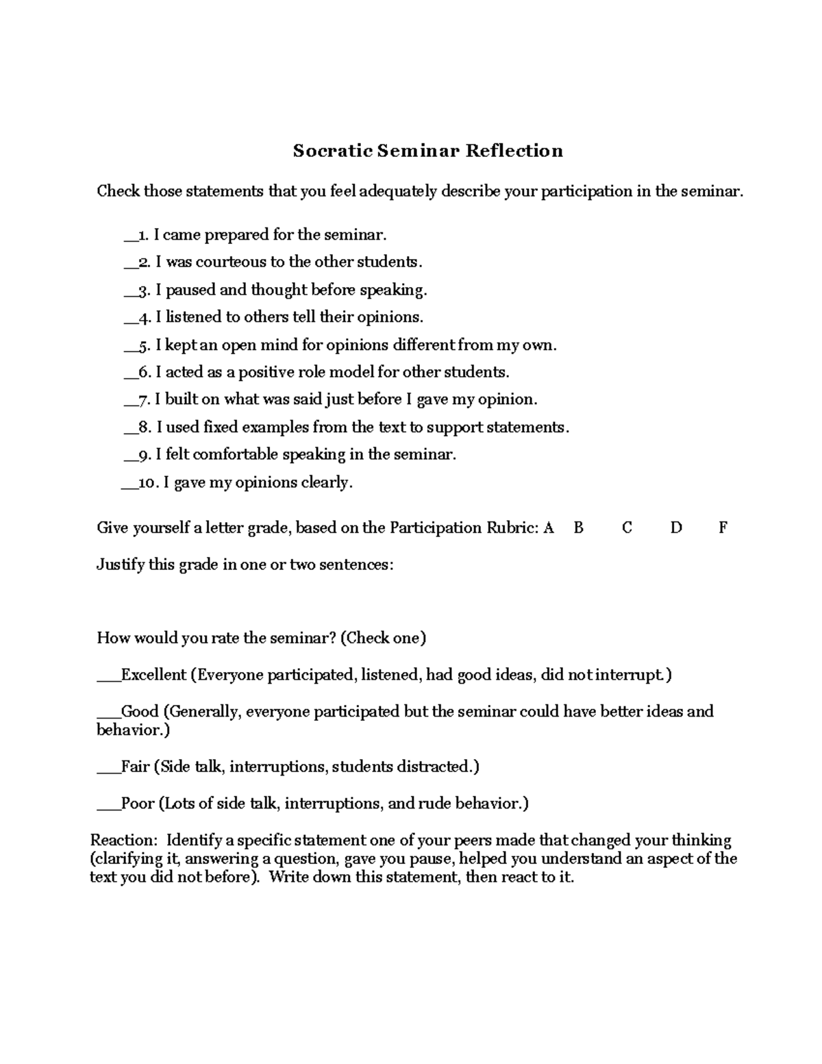 Socratic seminar self reflection - Socratic Seminar Reflection Check ...