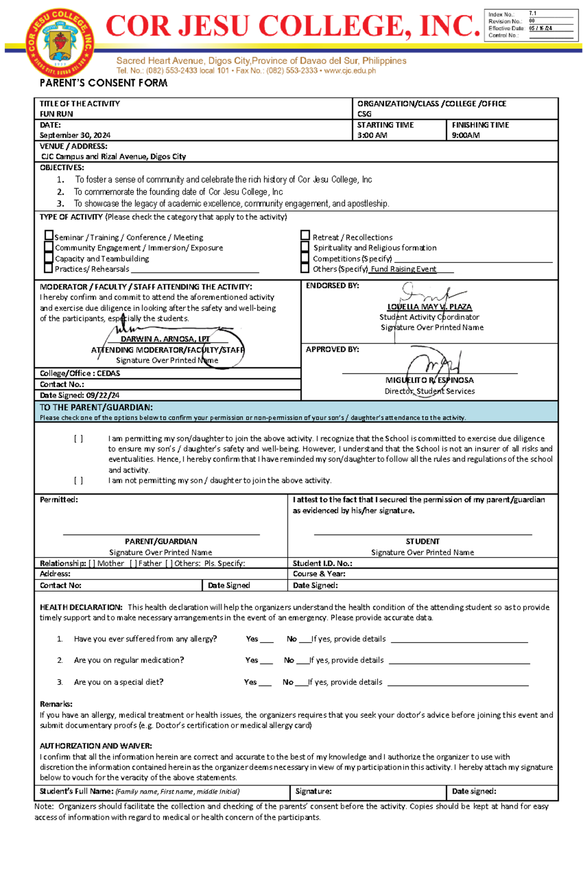 CSG Fun Run Parents' Consent Form - Community Engagement Activity - Studocu