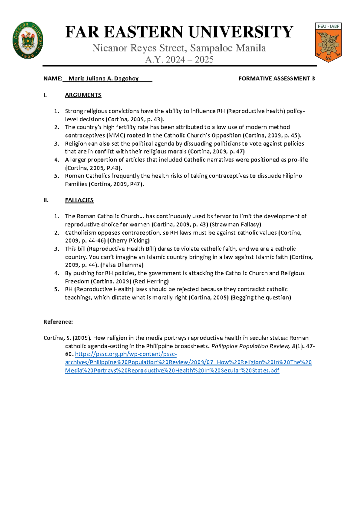 GED0120 Formative Assessment 3: Arguments & Fallacies on RH Policies ...