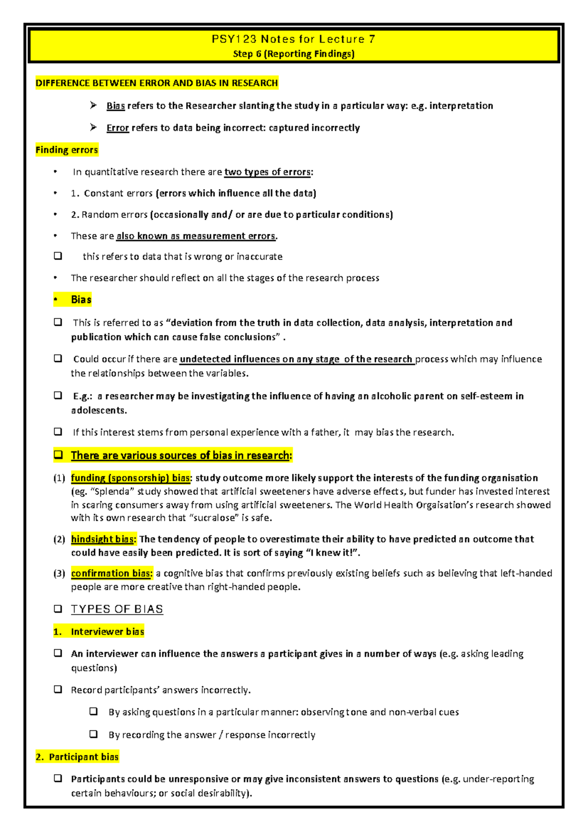 PSY123 Additional Notes for Lecture 7 2019 - PSY 1 2 3 N ot e s for Le ...