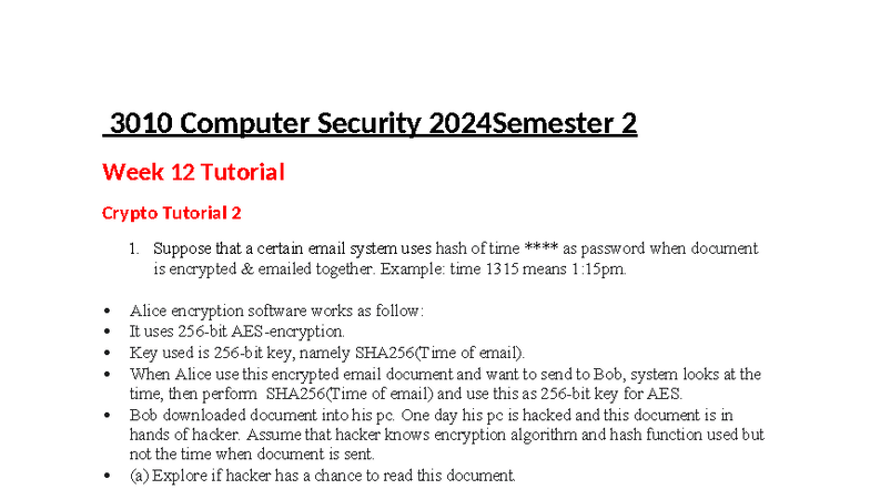 3010 Computer Security Semester 2 Week 12 Tutorial Solutions - Studocu