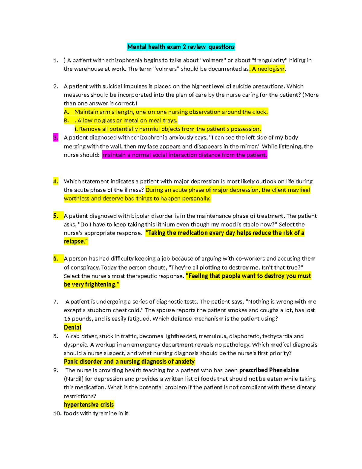 Mental Health Exam 2 Review Questions and Key Concepts (PSY 201) - Studocu