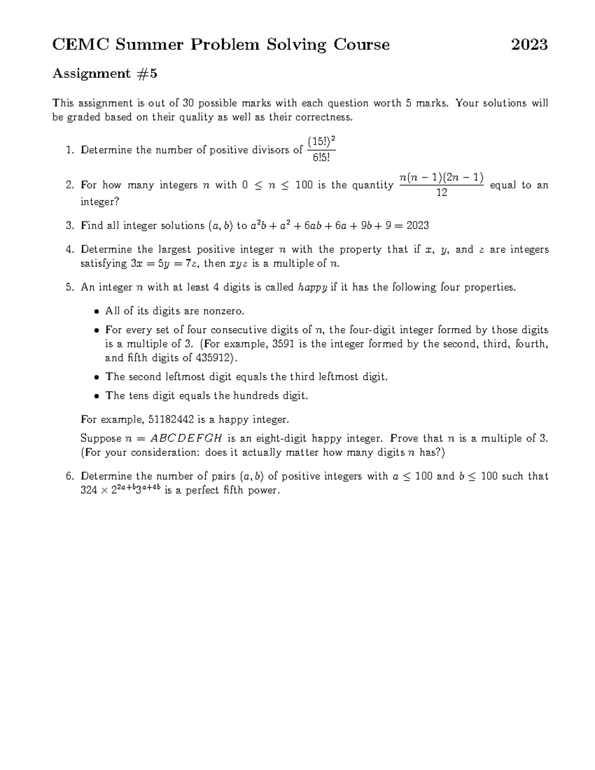 Assignment 5 - Waterloo Math Competition Study Material (CEMC 2023 ...